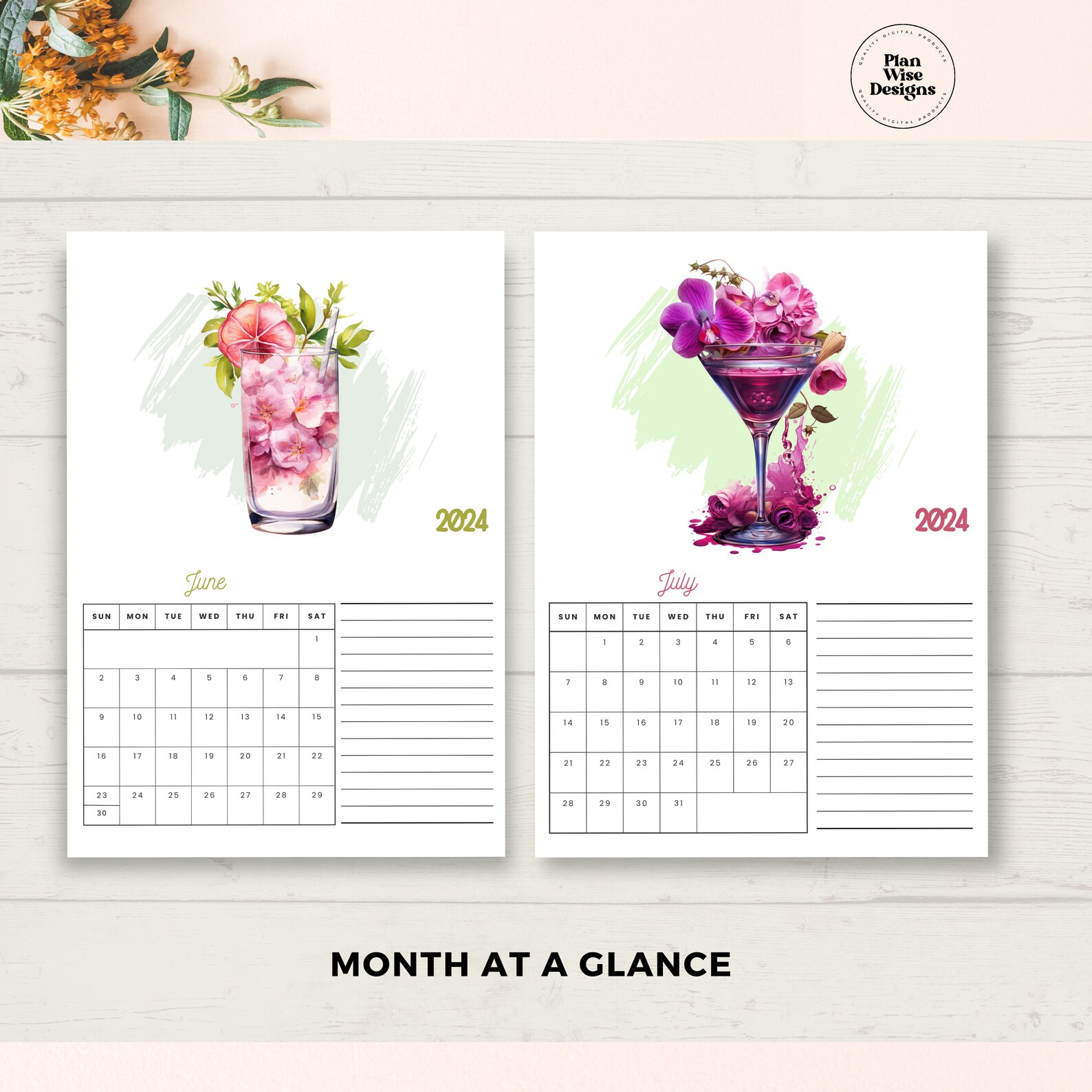 PRINTABLE 2024 Monthly Calendar Cocktail Watercolor - Etsy UK