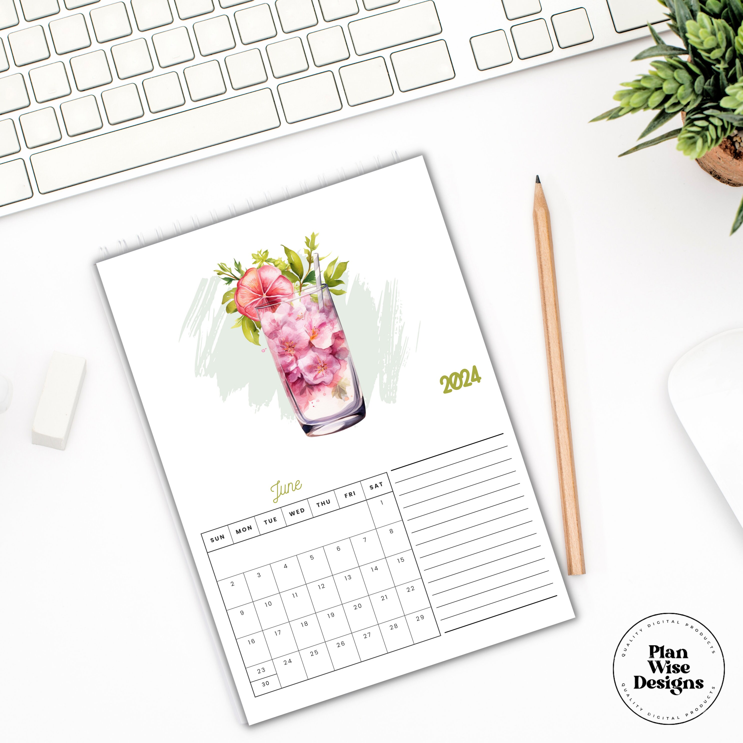 PRINTABLE 2024 Monthly Calendar Cocktail Watercolor Illustrations in 2 ...