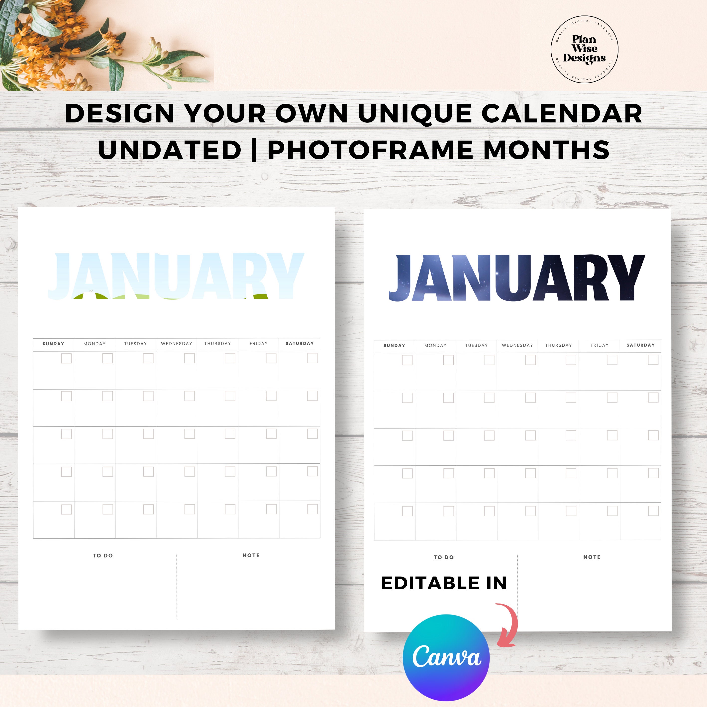 Fully Editable Calendar Canva Template Frame Monthly | Instant Download ...