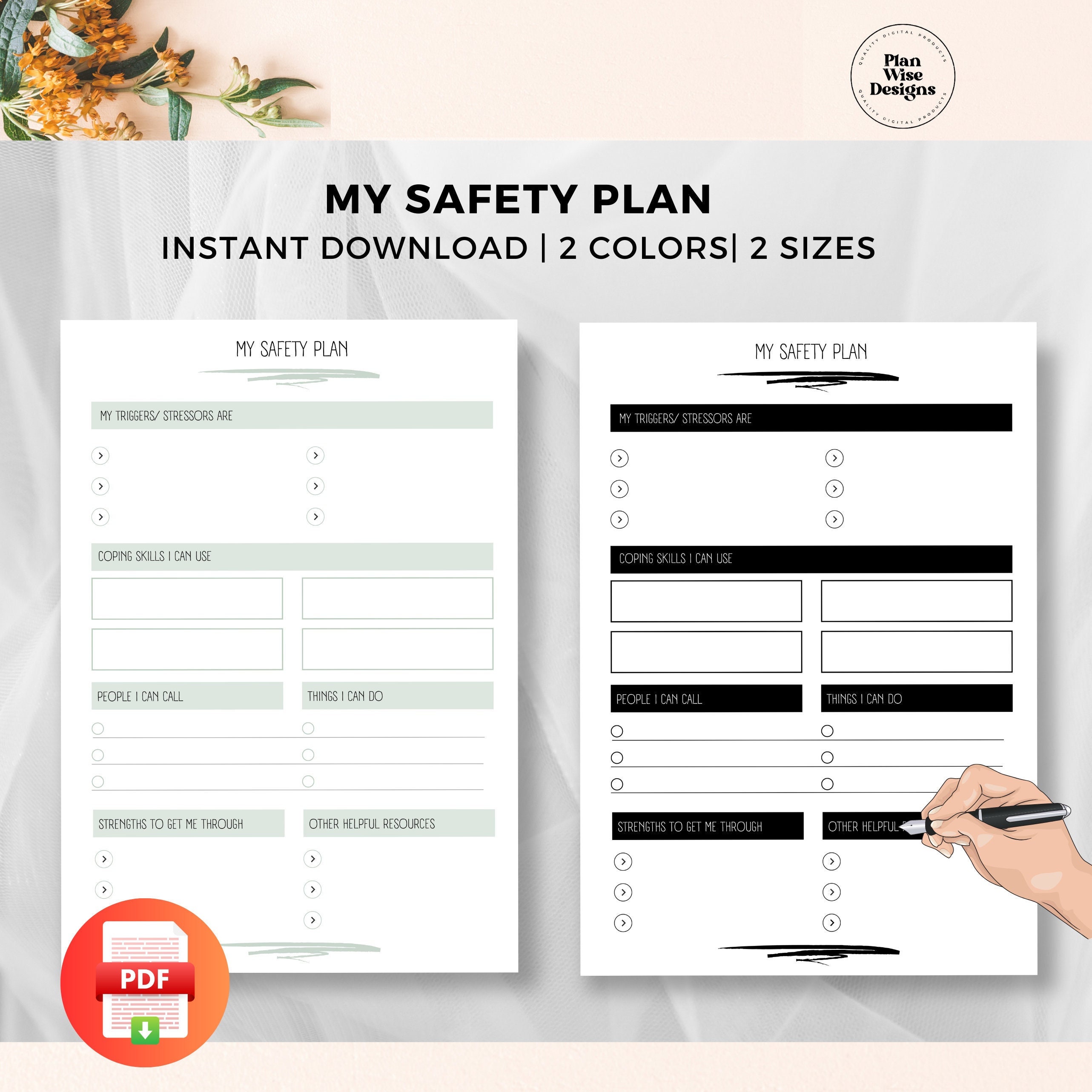 Safety Plan Printable Worksheet Crisis Mental Health Therapy Counseling ...