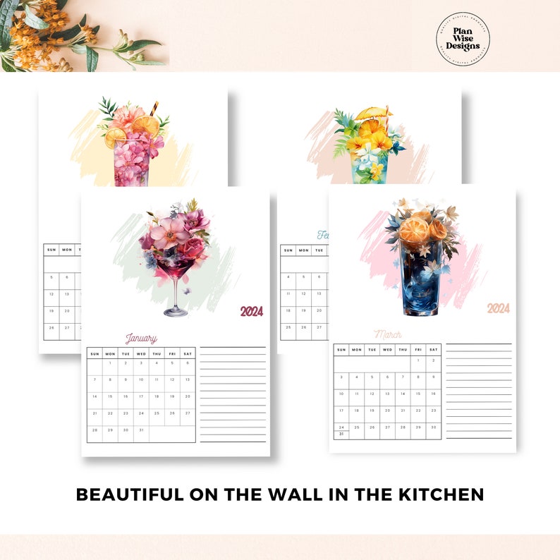 PRINTABLE 2024 Monthly Calendar Cocktail Watercolor Illustrations in 2 ...