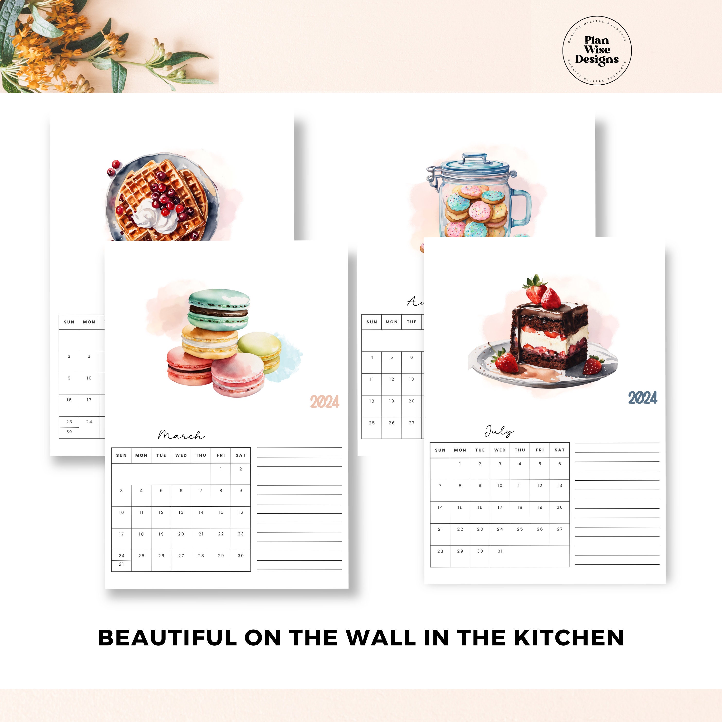 PRINTABLE 2024 Monthly Calendar Food Watercolor Illustrations in 2 ...