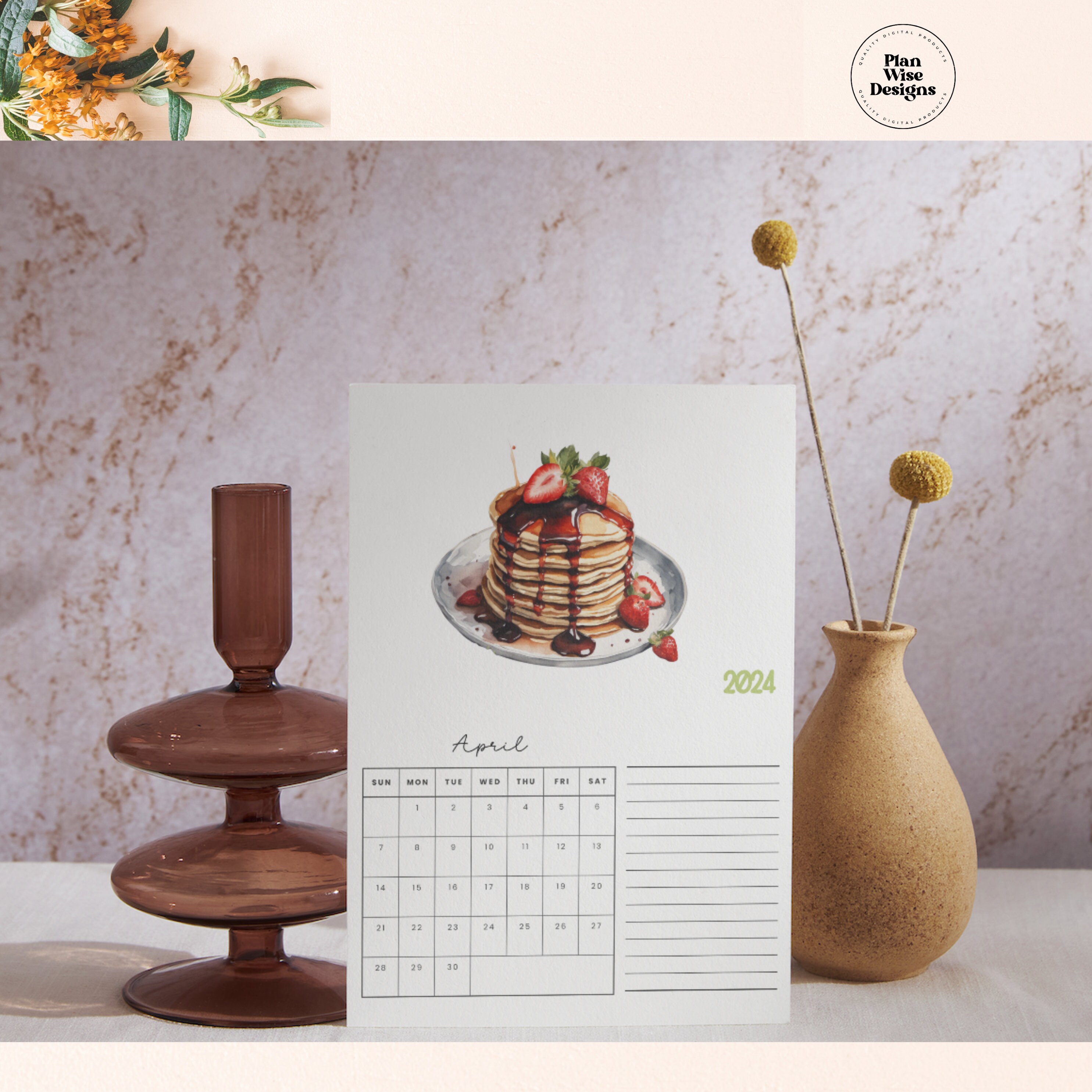 PRINTABLE 2024 Monthly Calendar Food Watercolor Illustrations in 2 ...