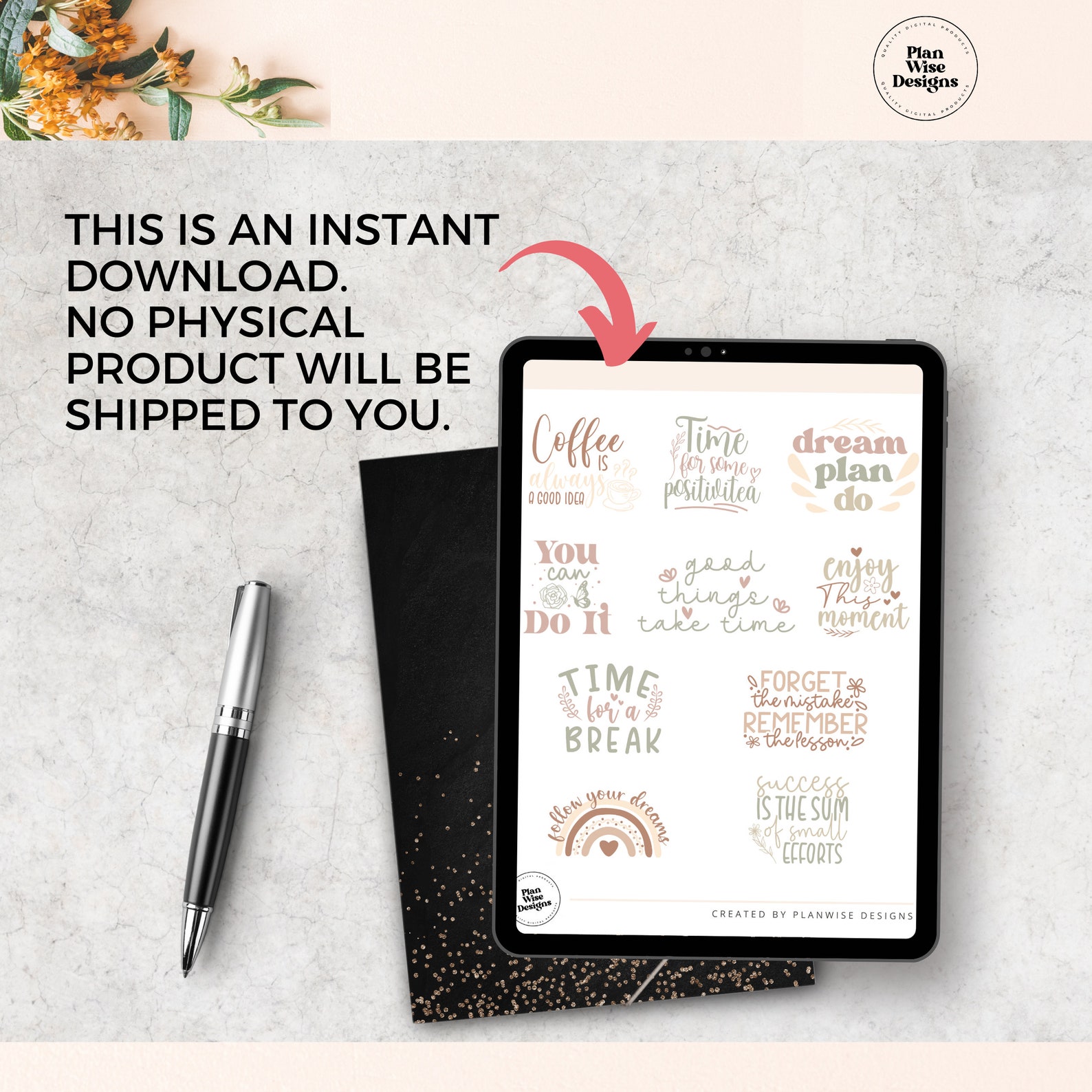 Digital Stickers Pack Motivational Quotes SVG Bundle PNG Planner ...