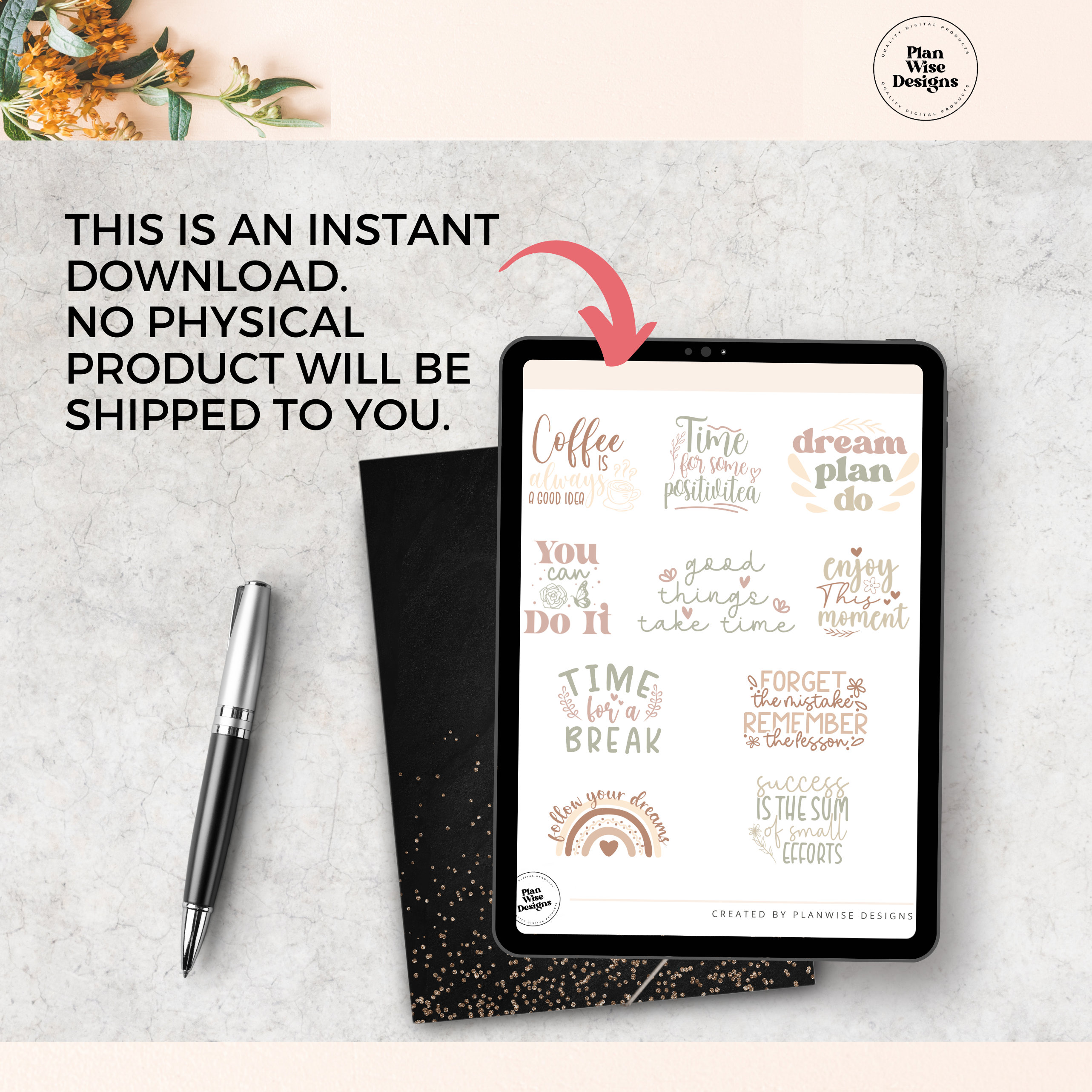 Digital Stickers Pack Motivational Quotes SVG Bundle PNG Planner ...