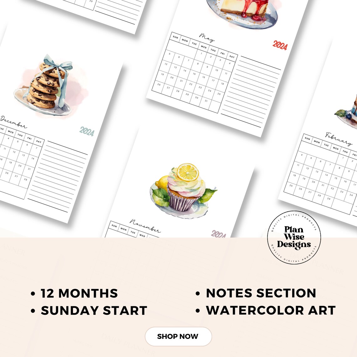 PRINTABLE 2024 Monthly Calendar Food Watercolor Illustrations in 2 ...