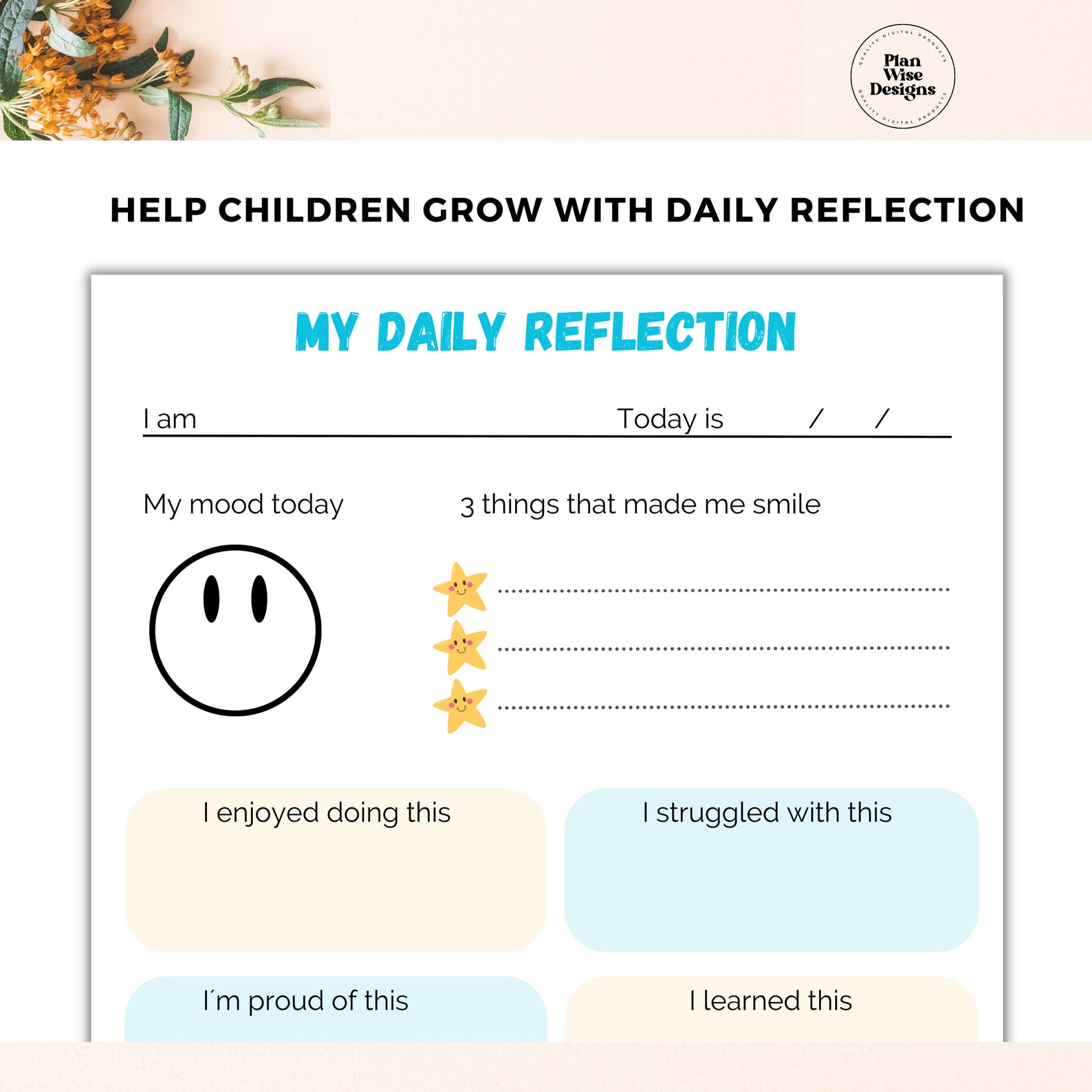 Daily Reflection Printable for Children Activity Self Discovery Kids ...