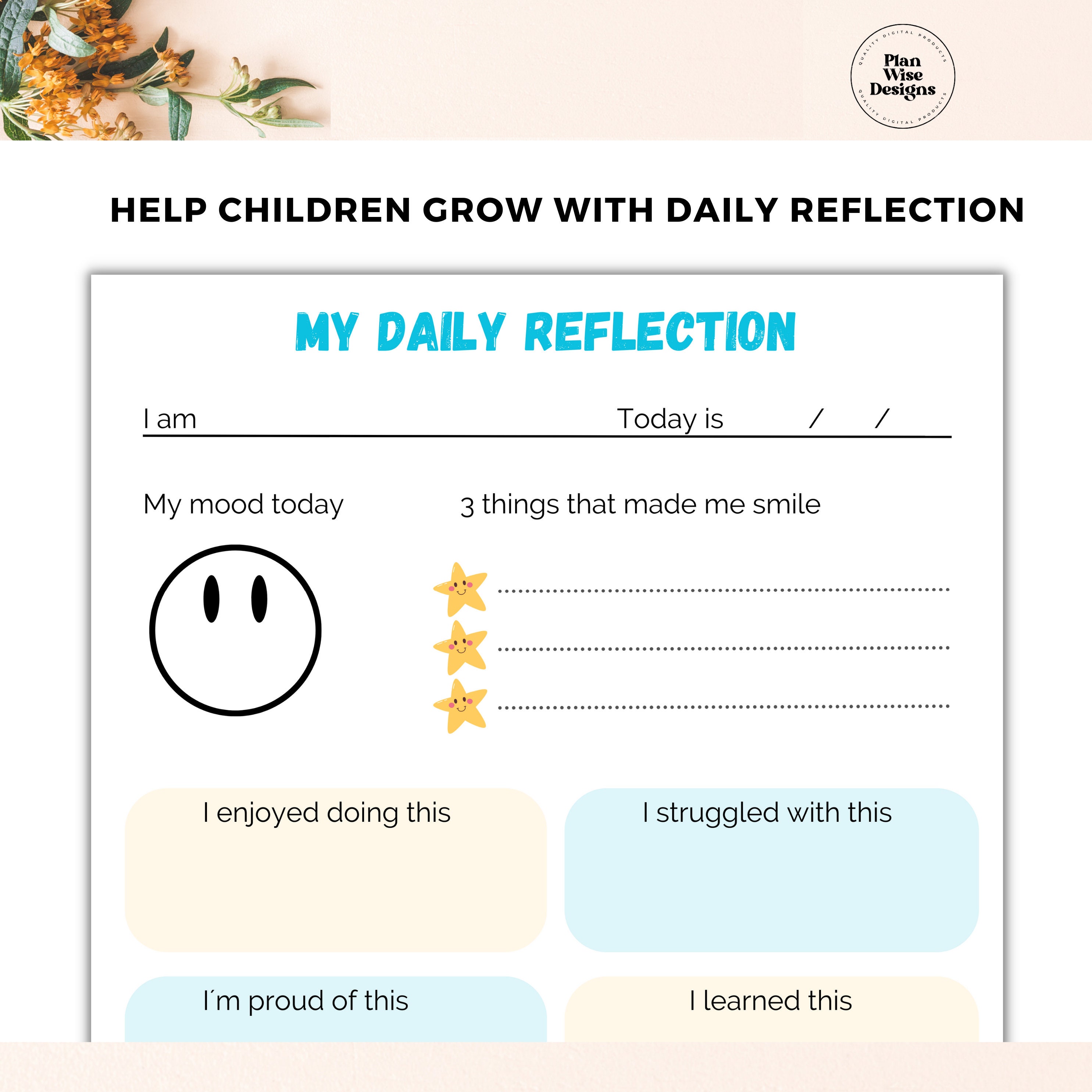 Daily Reflection Printable for Children Activity Self Discovery Kids ...