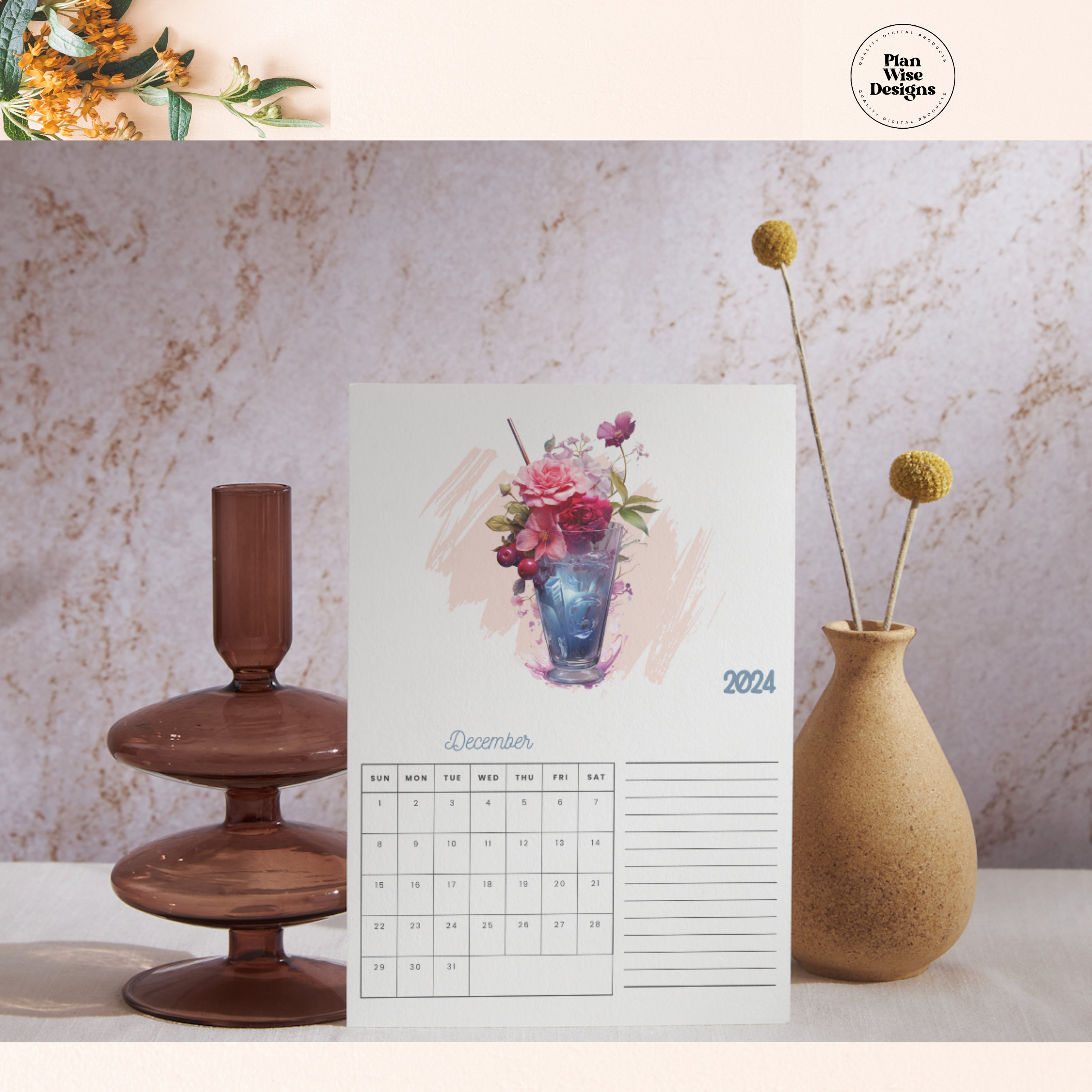 PRINTABLE 2024 Monthly Calendar Cocktail Watercolor Illustrations in 2 ...