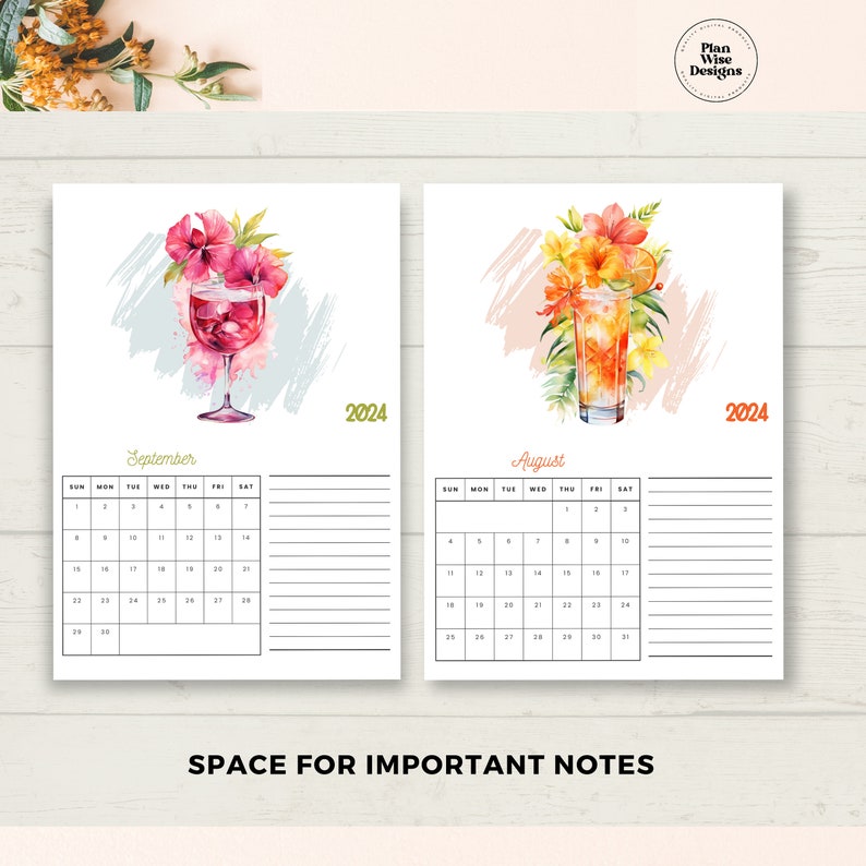 PRINTABLE 2024 Monthly Calendar Cocktail Watercolor Illustrations in 2 ...
