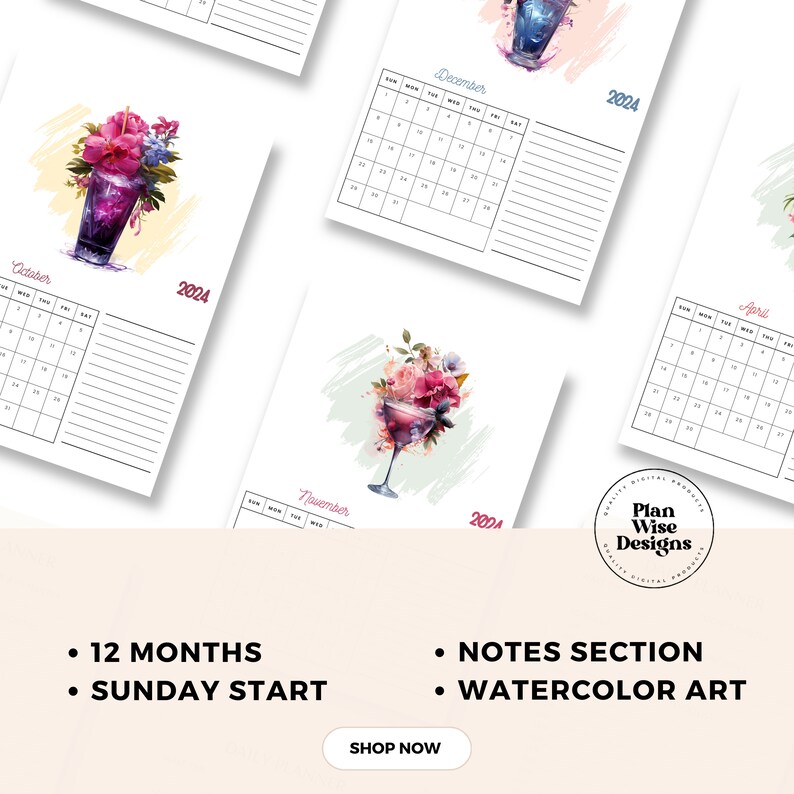 PRINTABLE 2024 Monthly Calendar Cocktail Watercolor Illustrations in 2 ...