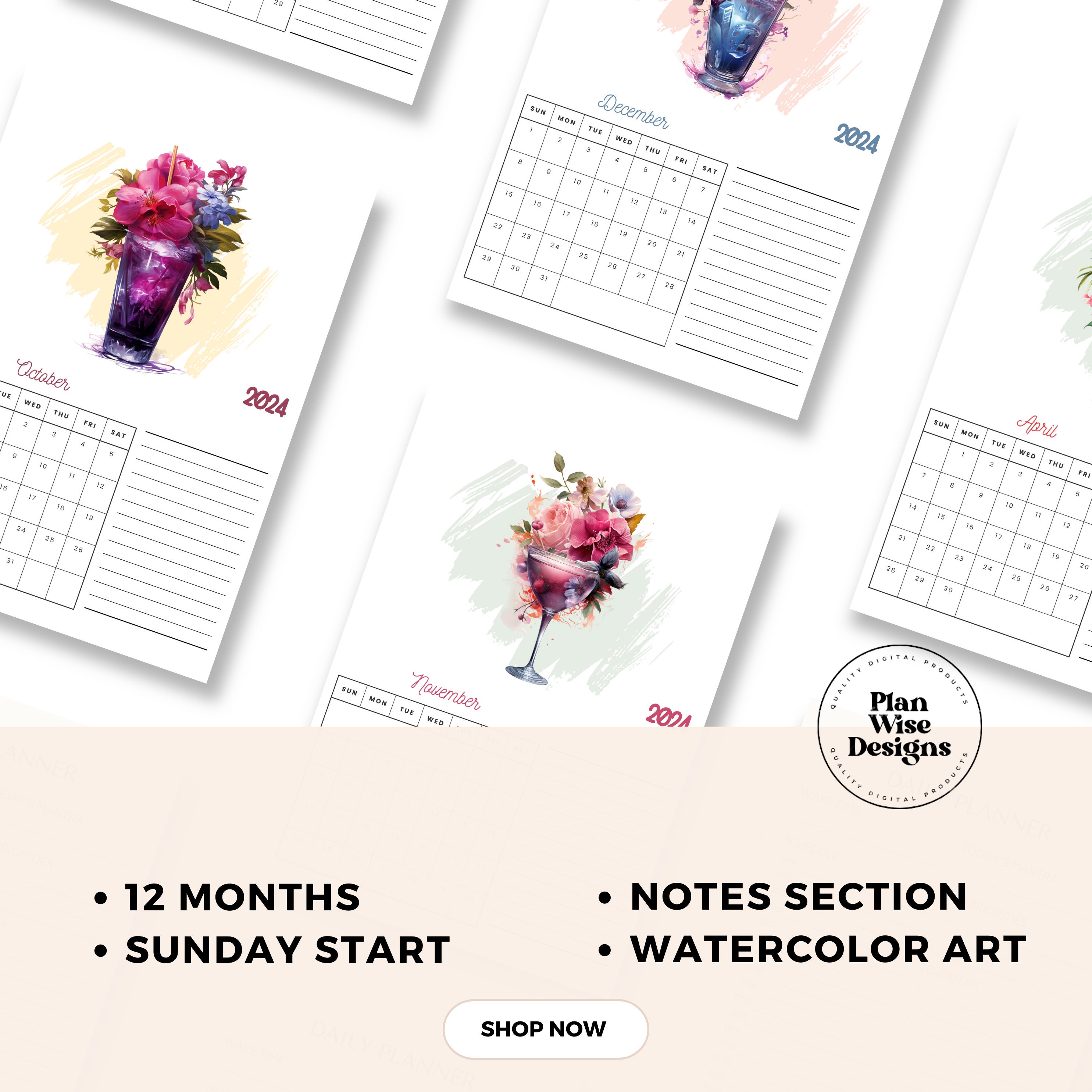 PRINTABLE 2024 Monthly Calendar Cocktail Watercolor Illustrations in 2 ...