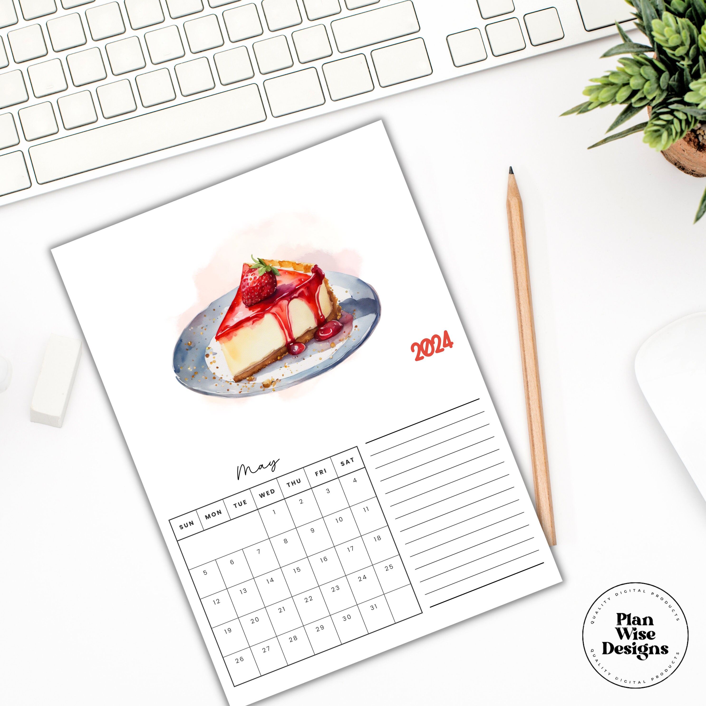 PRINTABLE 2024 Monthly Calendar Food Watercolor Illustrations in 2 ...