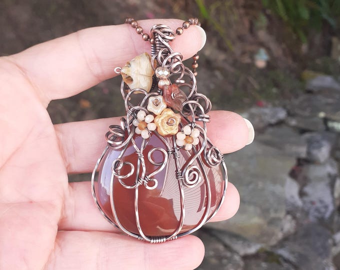 Carnelian Pumpkin Pendant Necklace: Copper Wire Wrapped Fall Jewelry - Etsy