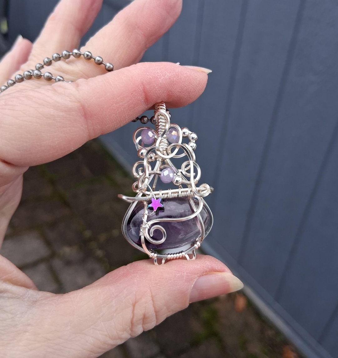 Amethyst Cauldron Necklace, Silver Plated Wire Wrapped Pendant - Etsy