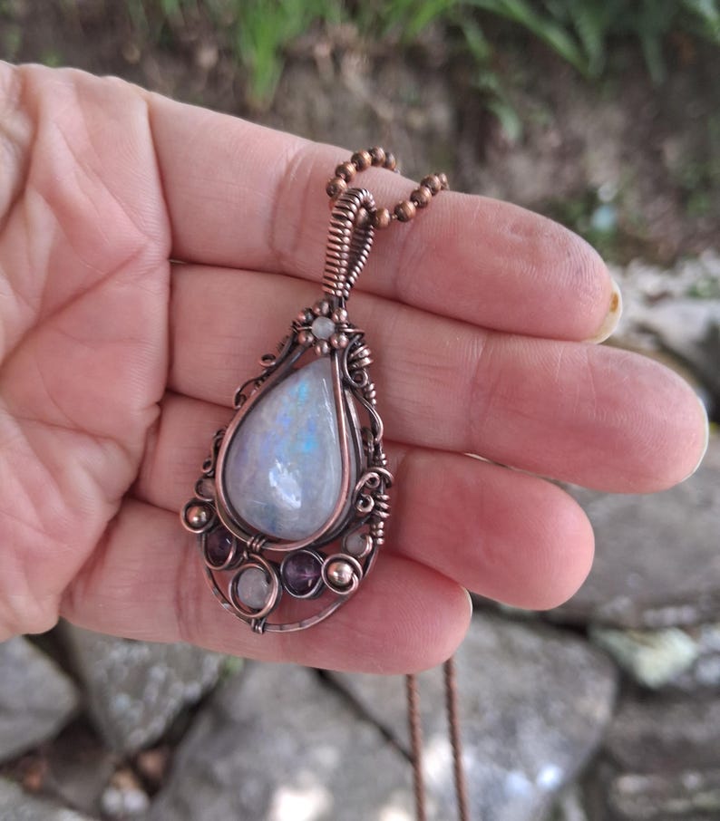 Rainbow Moonstone Pendant, Copper Wire Wrapped Moonstone Necklace, Gift ...