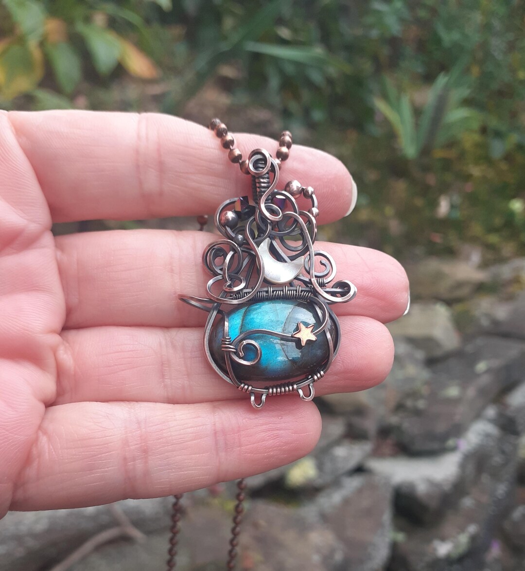 Labradorite Cauldron Necklace: Copper Wire Wrapped Pendant, Witchy ...