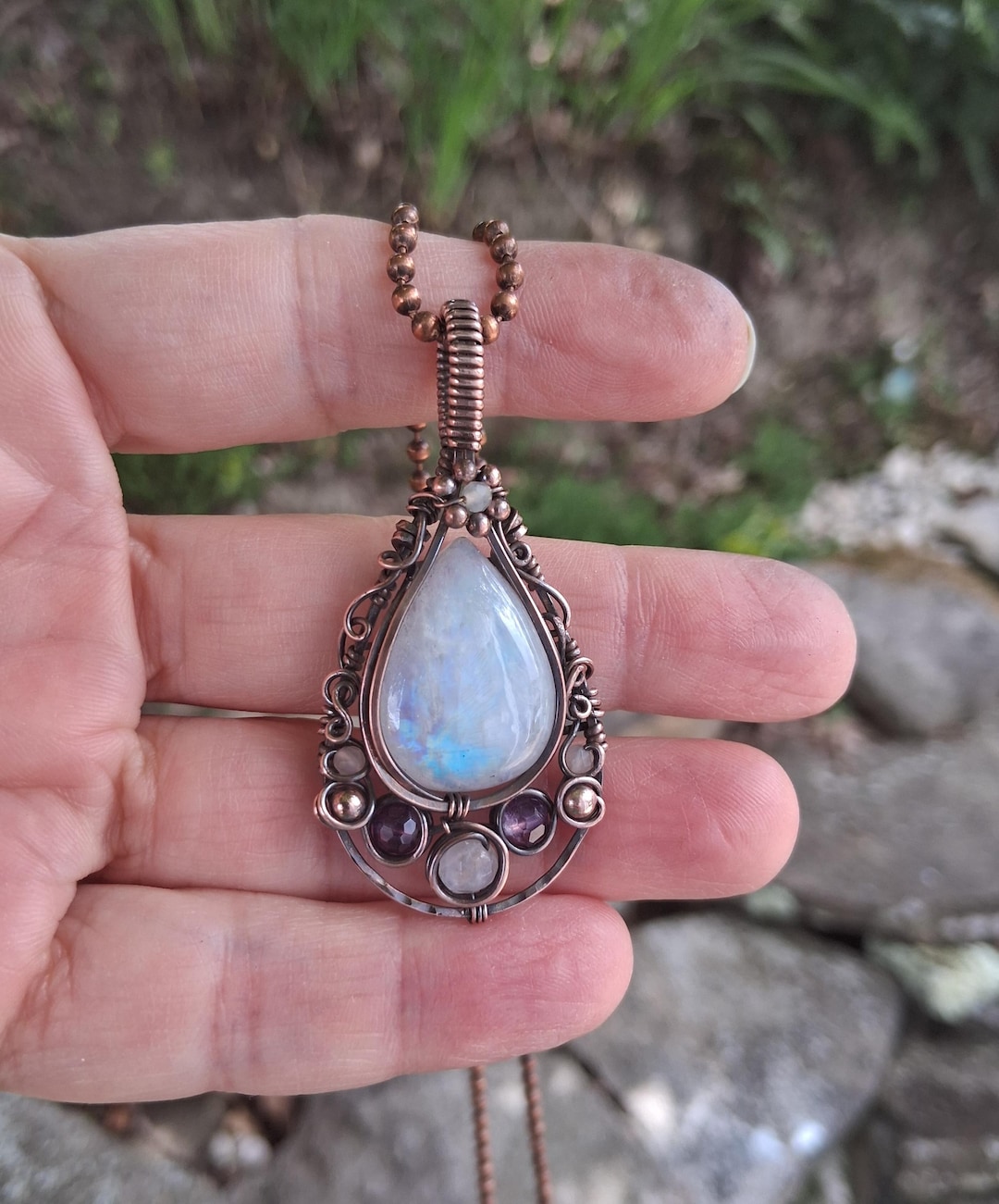 Rainbow Moonstone Pendant, Copper Wire Wrapped Moonstone Necklace, Gift ...