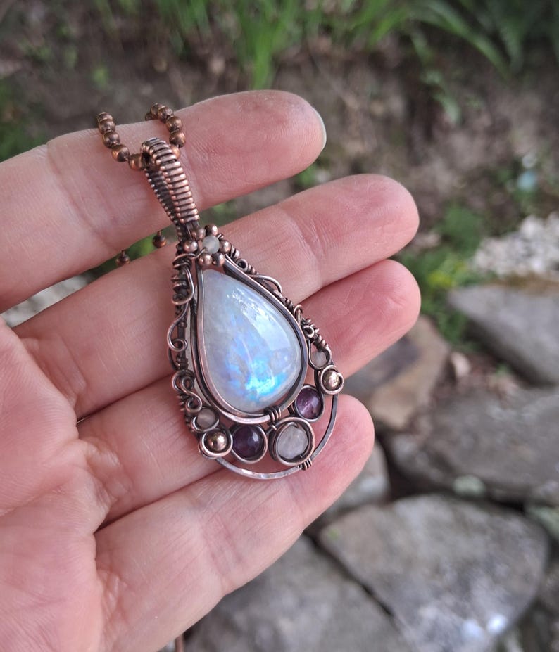 Rainbow Moonstone Pendant, Copper Wire Wrapped Moonstone Necklace, Gift ...
