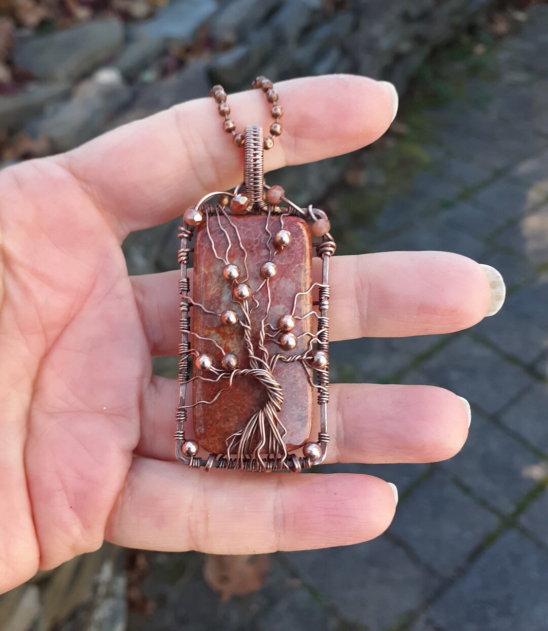 Tree of Life Pendant, Copper Wire tree Pendant, Fossil Coral Stone ...