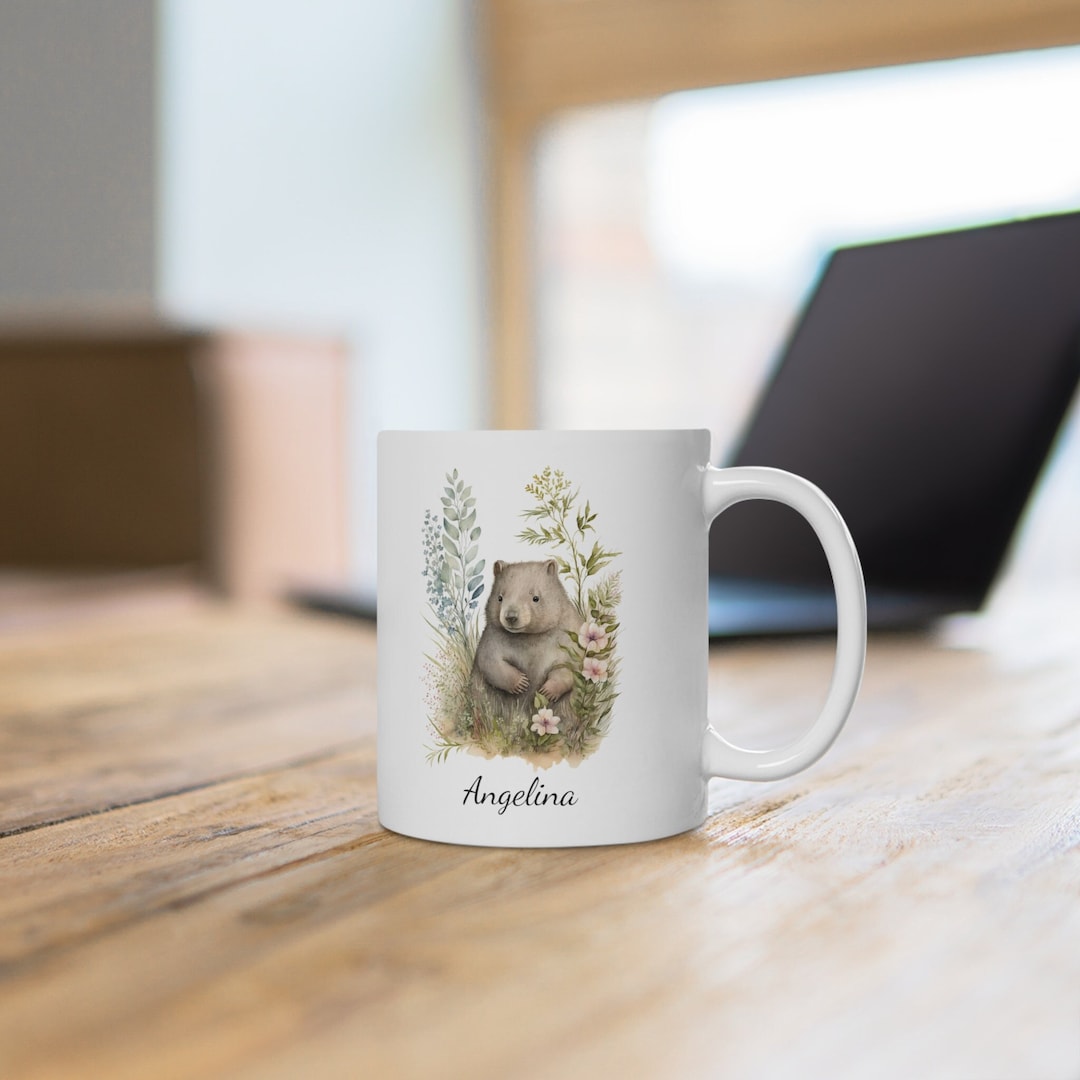 Personalized Wombat Mug: Watercolor Wildflowers, Australian Wildlife ...