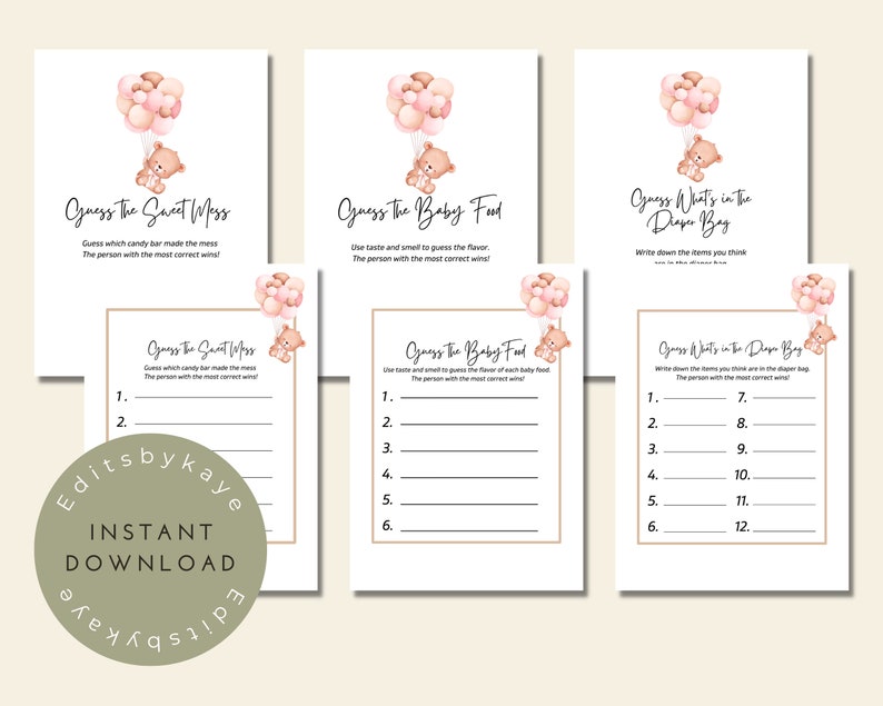 Pink Teddy Bear Baby Shower Games Baby Shower Games Bundle - Etsy