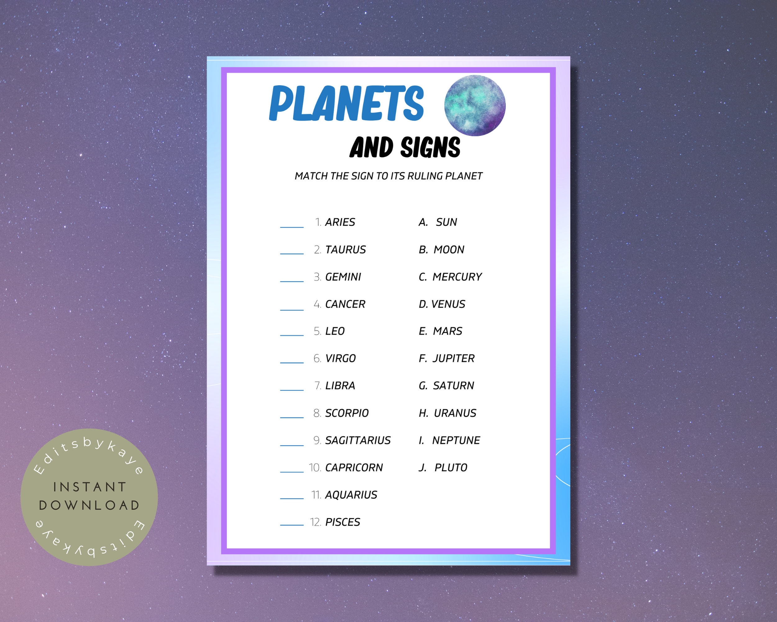Horoscope Party Game, Planets & Signs, Printable Zodiac Party Game ...