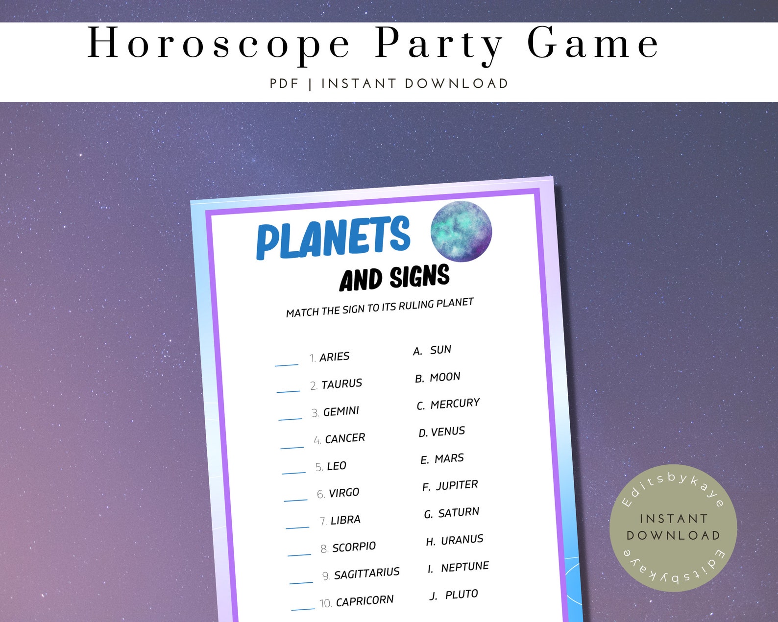 Horoscope Party Game, Planets & Signs, Printable Zodiac Party Game ...