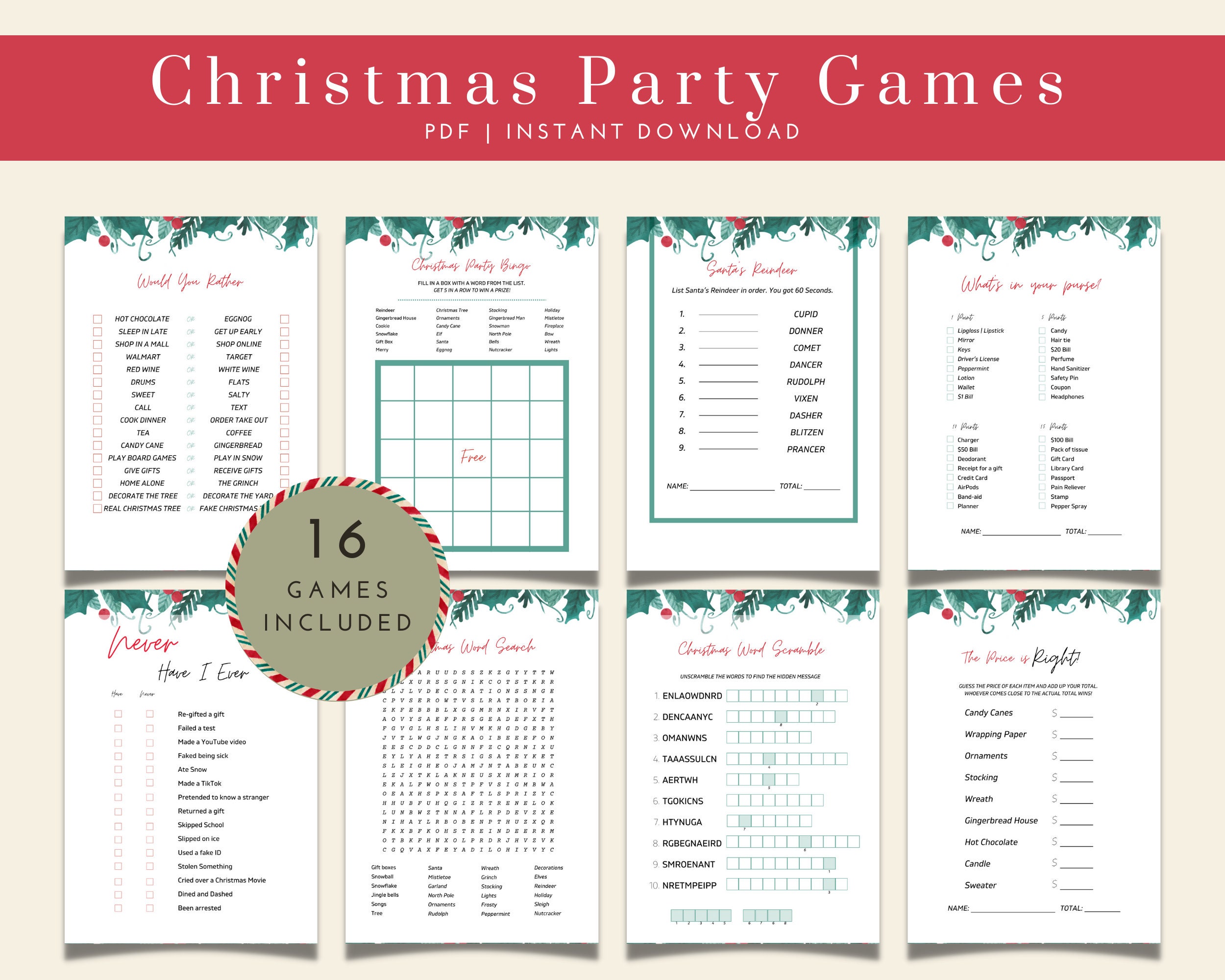 Printable Christmas Game Bundle, Holiday Party Games, 16 Games Included ...
