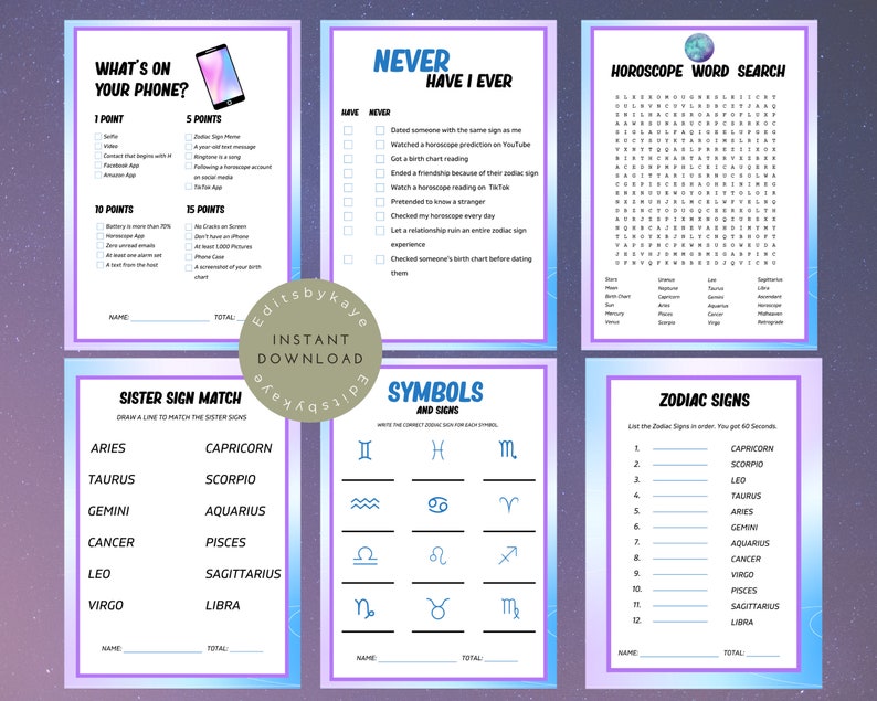 Horoscope Party Game Bundle, Printable Zodiac Party Games, Astrology ...