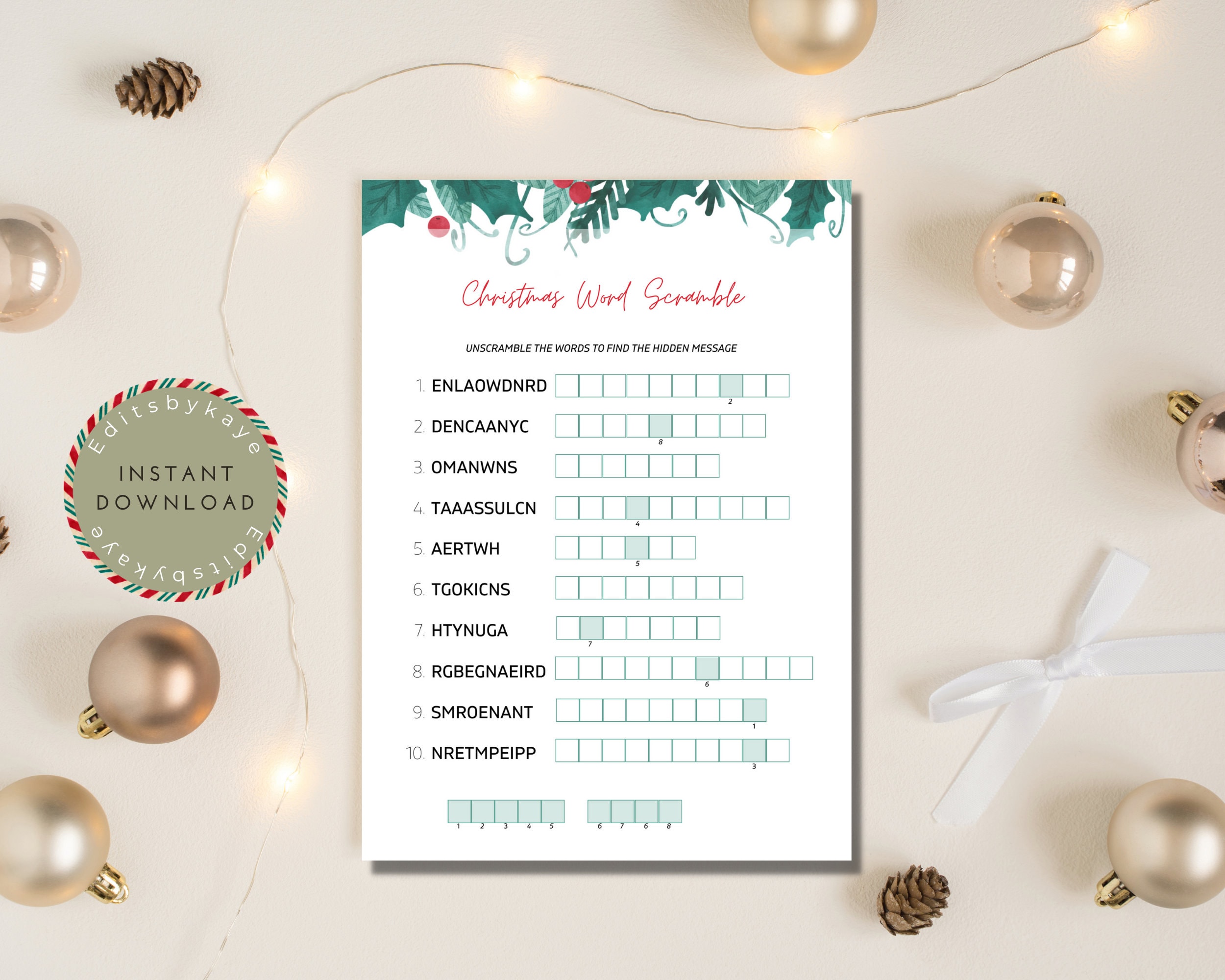 Christmas Word Scramble Hidden Message Party Game, Printable Holiday ...