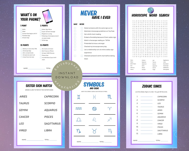 Horoscope Party Game Bundle Printable Zodiac Party Games - Etsy