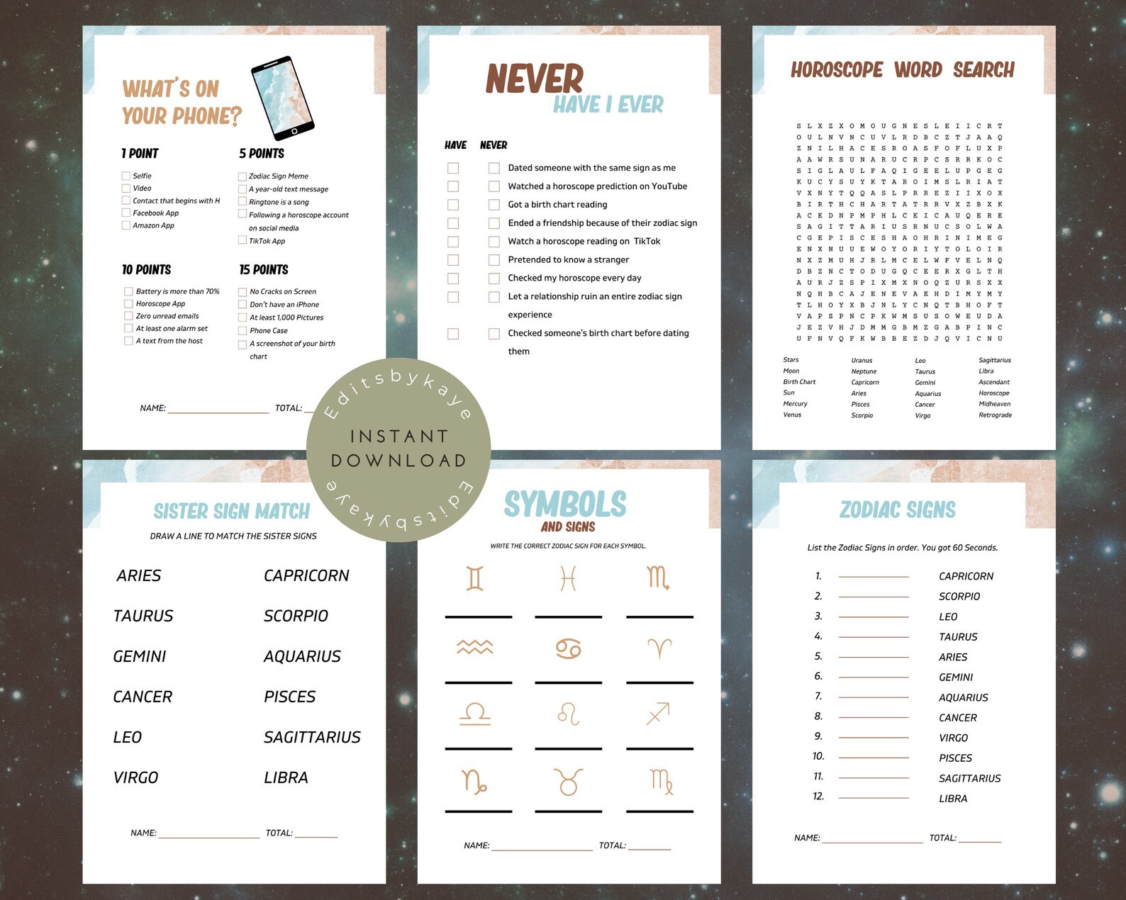 Boho Themed Horoscope Party Game Bundle, Printable Zodiac Party Games ...