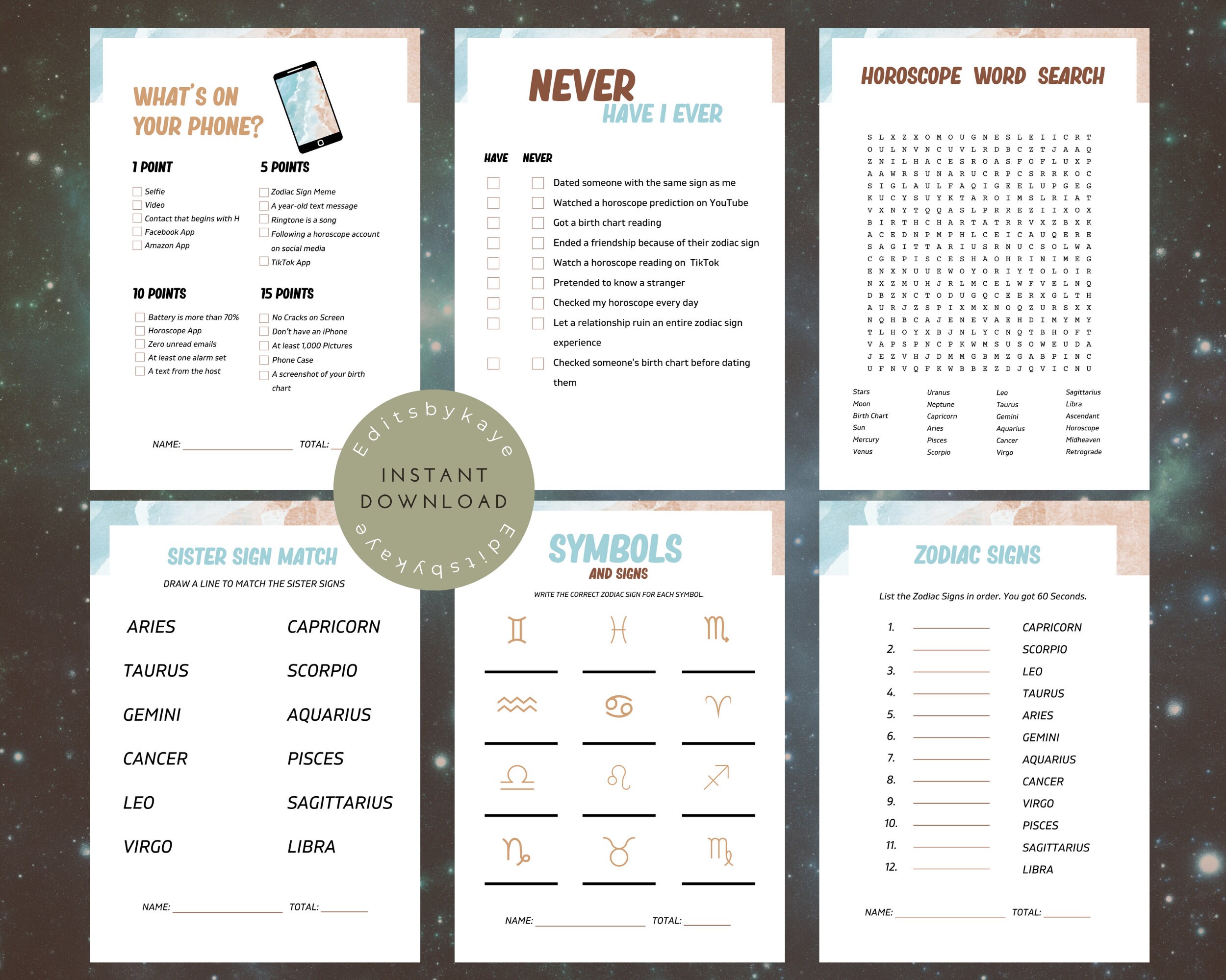 Boho Themed Horoscope Party Game Bundle, Printable Zodiac Party Games ...