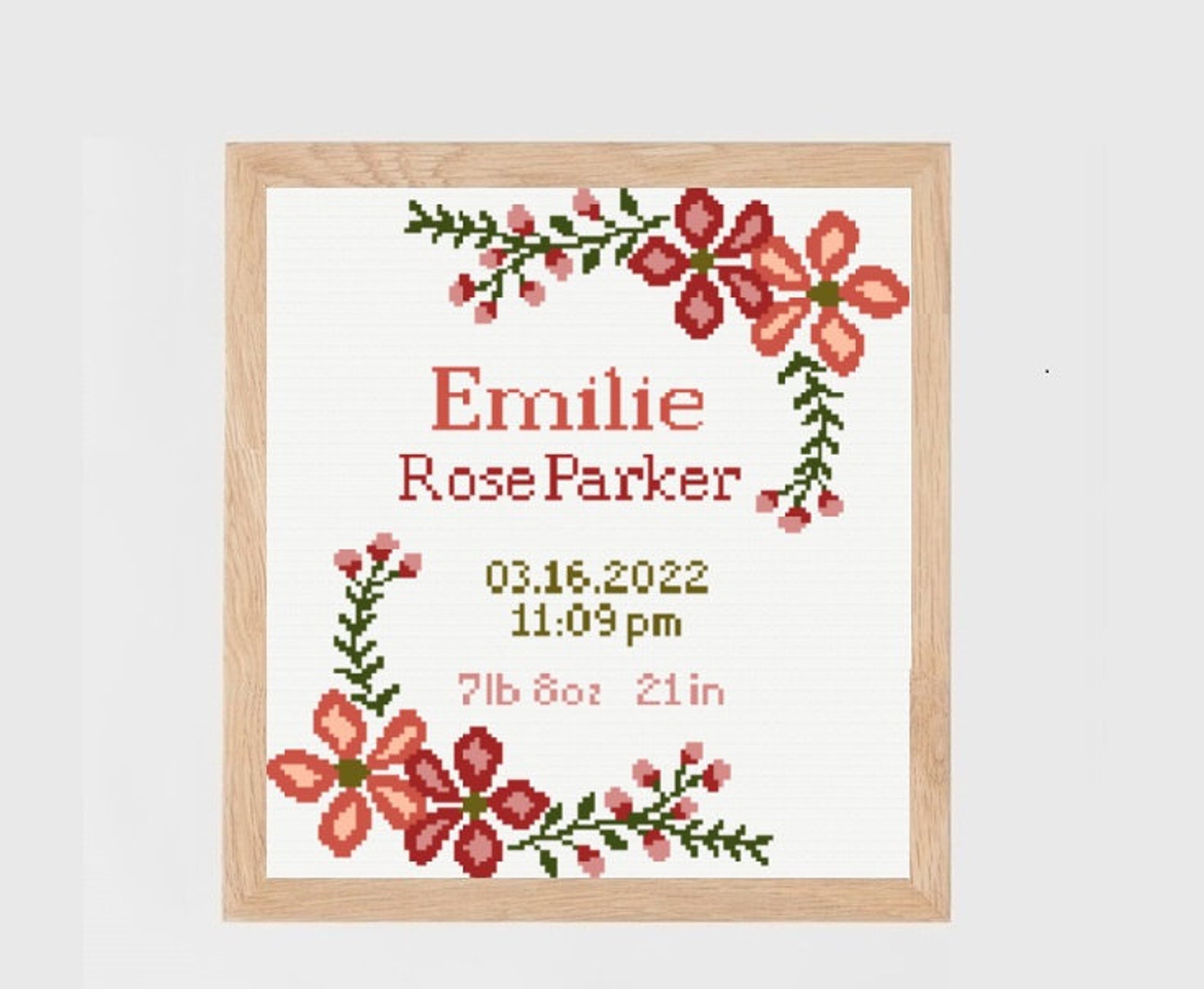 Floral Counted Cross Stitch Flowers Pattern Baby Boy or Girl Name Birth ...