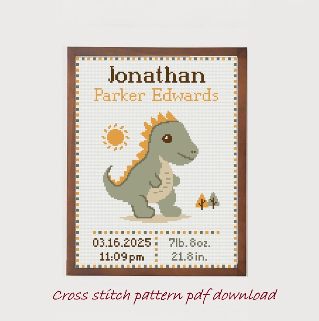 T-rex Dinosaur Baby Birth Announcement Cross Stitch Pattern ...