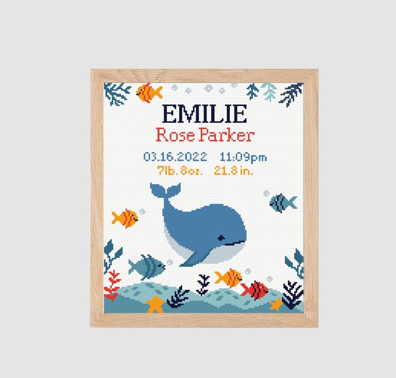 Whale Birth Announcement Cross Stitch Pattern: Sea Animal Nursery (PDF ...