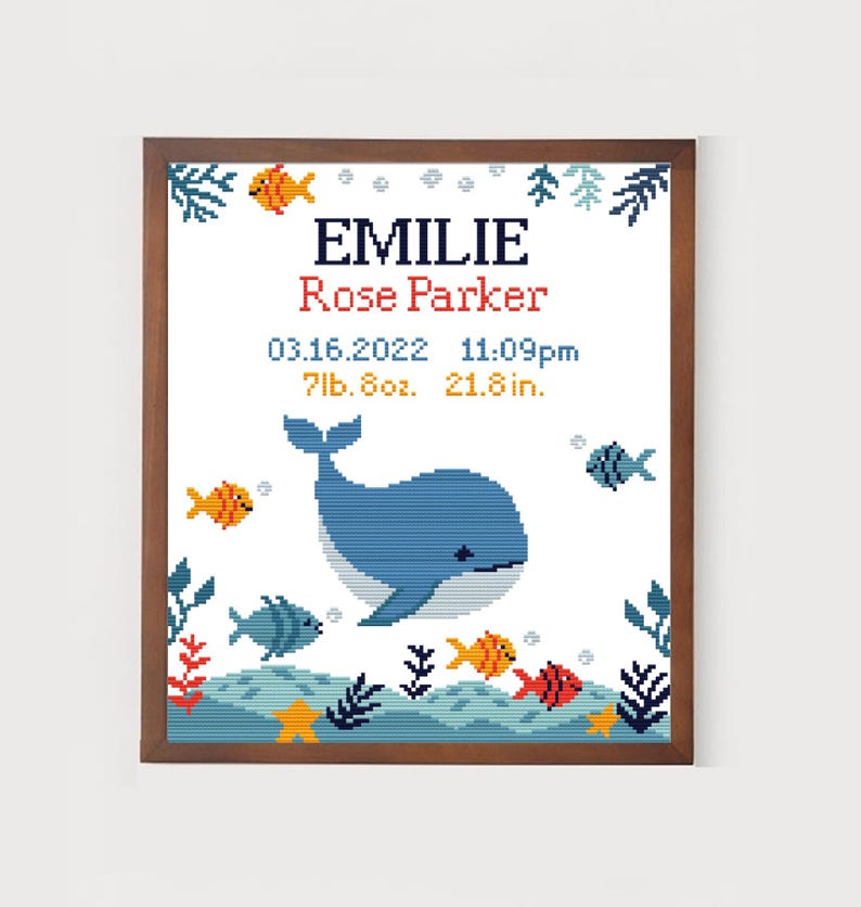 Whale Birth Announcement Cross Stitch Pattern: Sea Animal Nursery (PDF ...