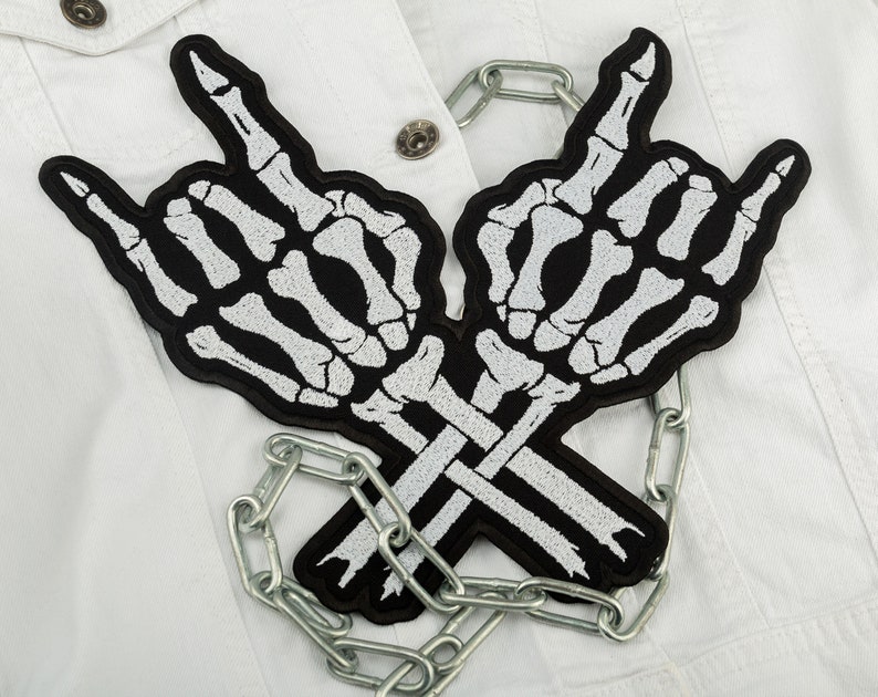 Skeleton Rock on Hands Large Patch Horns Up Biker's - Etsy