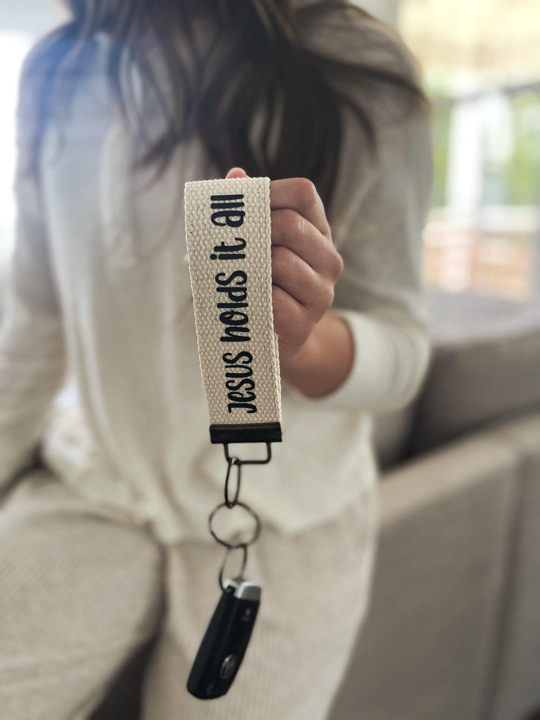 JESUS HOLD It ALL Keychain, Encouraging Keychain, Canvas Key Wristlet ...