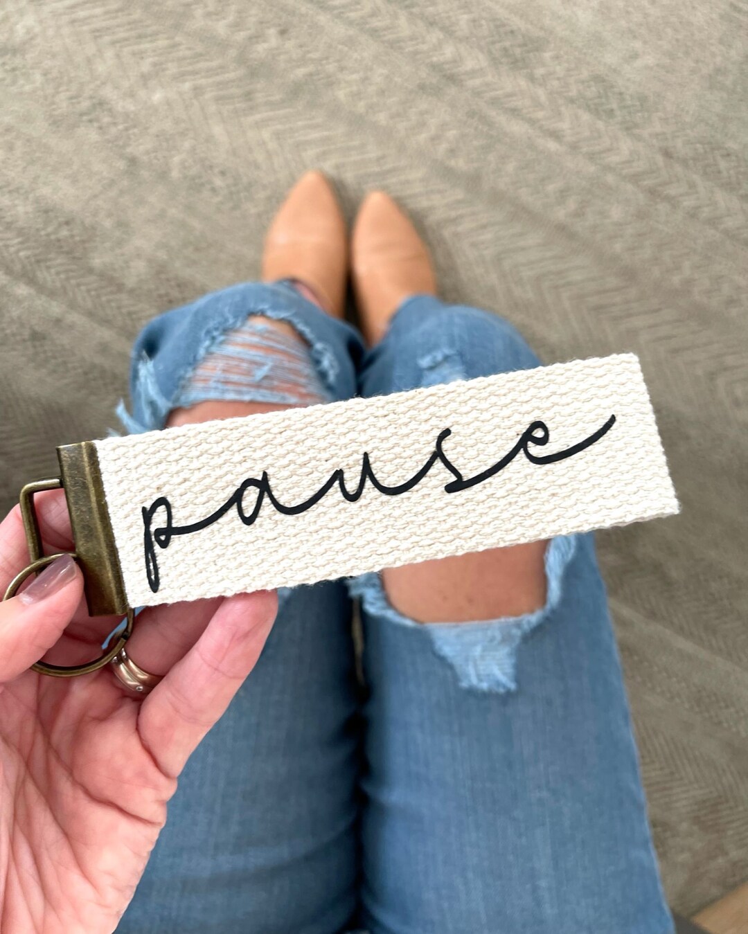 PAUSE Keychain, Encouraging Keychain, Canvas Key Wristlet, Key Fob ...