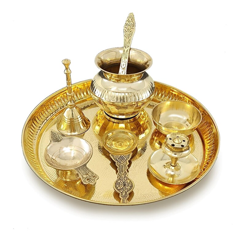 Brass Pooja Thali Set Pital Puja Plate Kalash Bowl Spoon Haldi - Etsy UK
