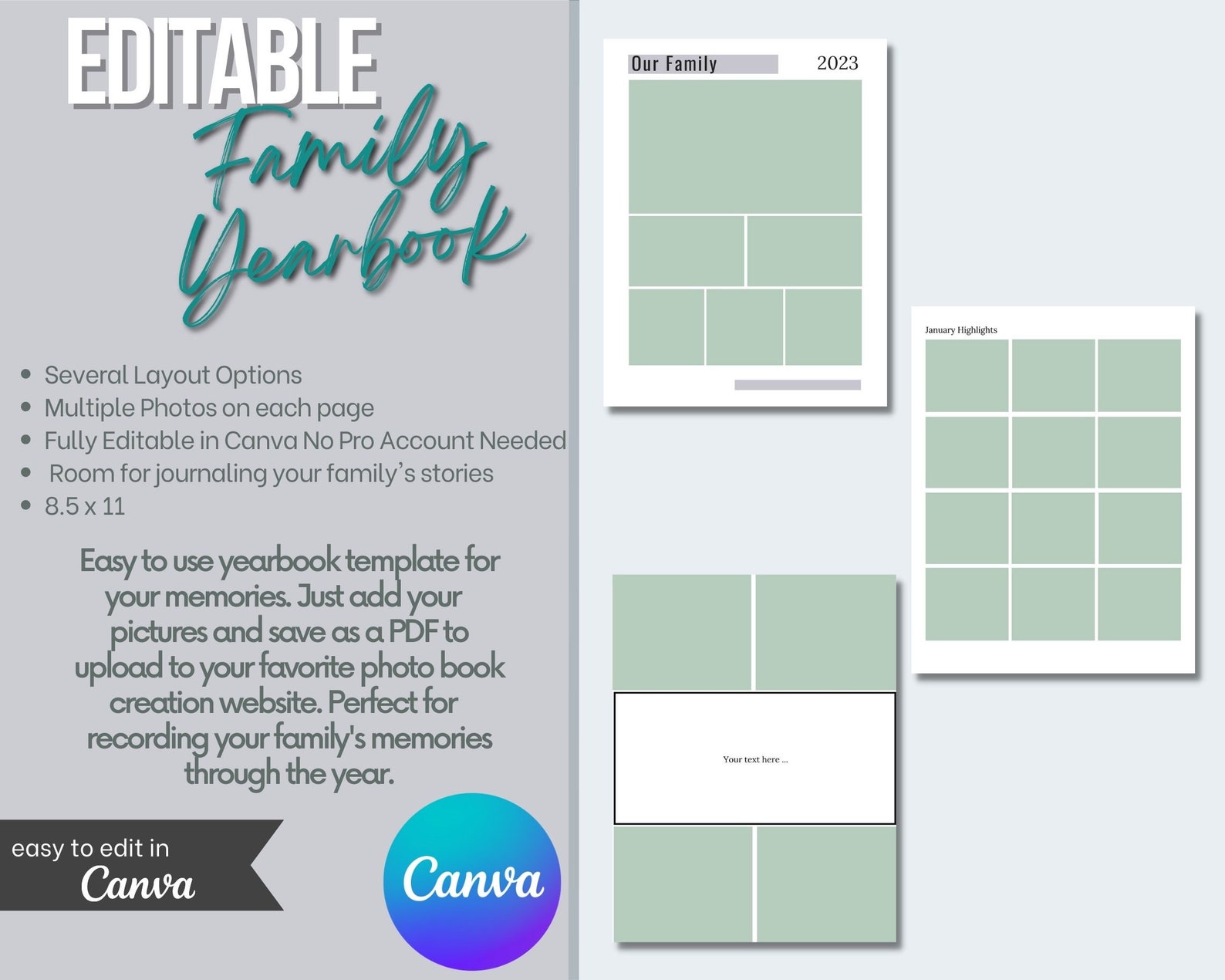 8.5x11 Canva Editable Family Yearbook Template | Editable Scrapbooking ...