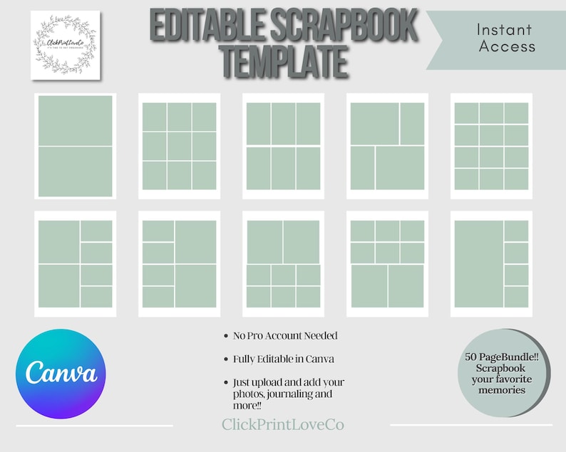 8.5x11 Canva Scrapbook Templates | Editable Digital Photo Collage Pages ...