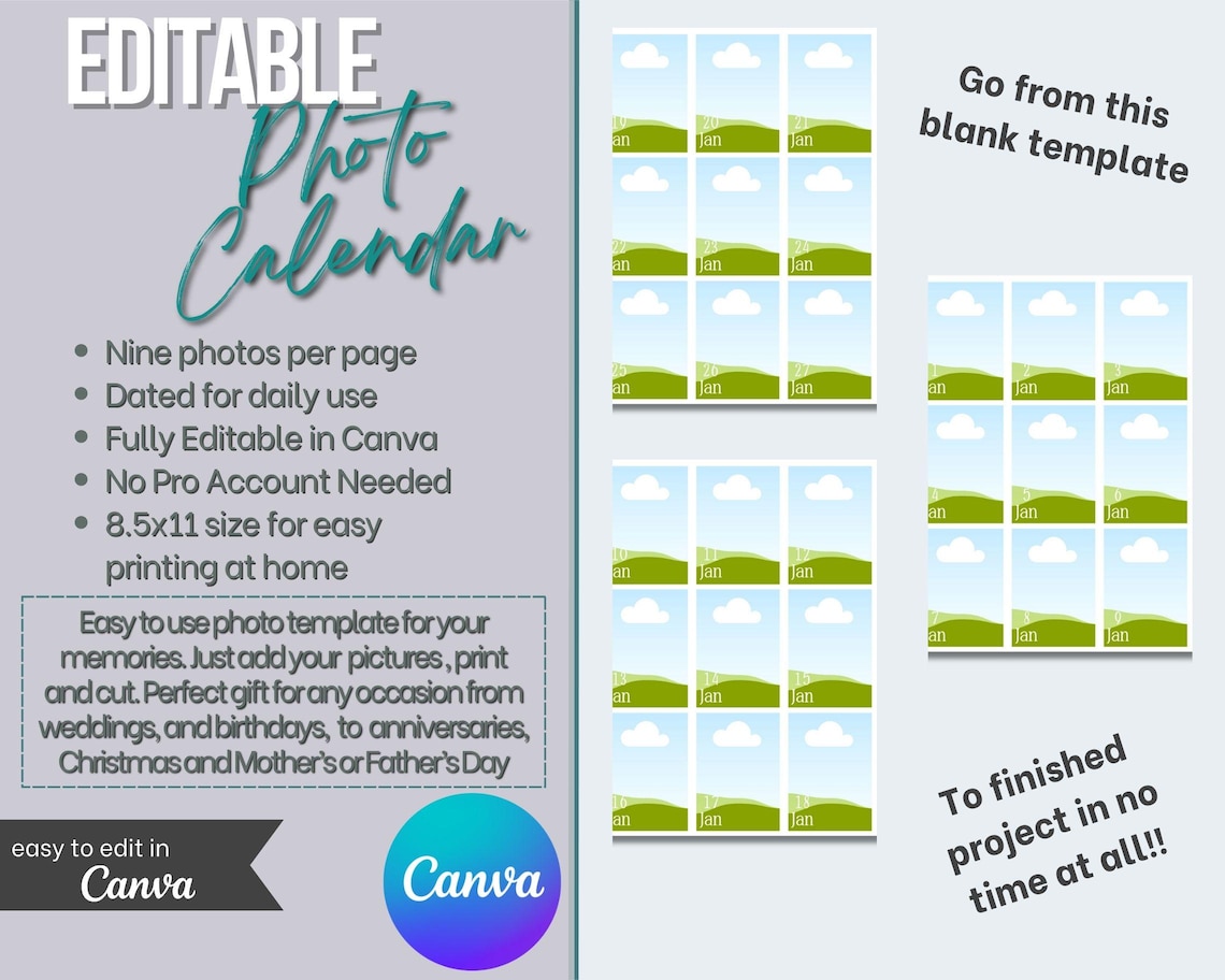 Photo Calendar Template 2025, Daily Photo Calendar, Editable Photo ...