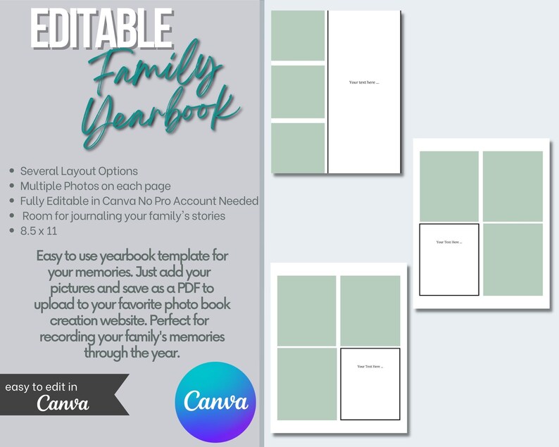 8.5x11 Canva Editable Family Yearbook Template | Editable Scrapbooking ...