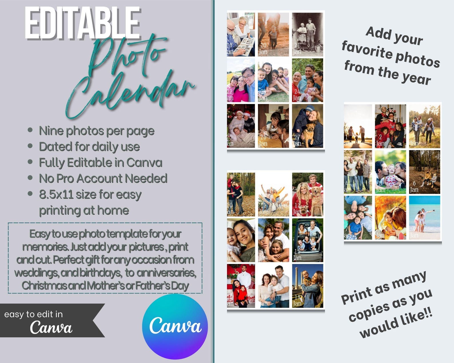 Photo Calendar Template 2025, Daily Photo Calendar, Editable Photo ...