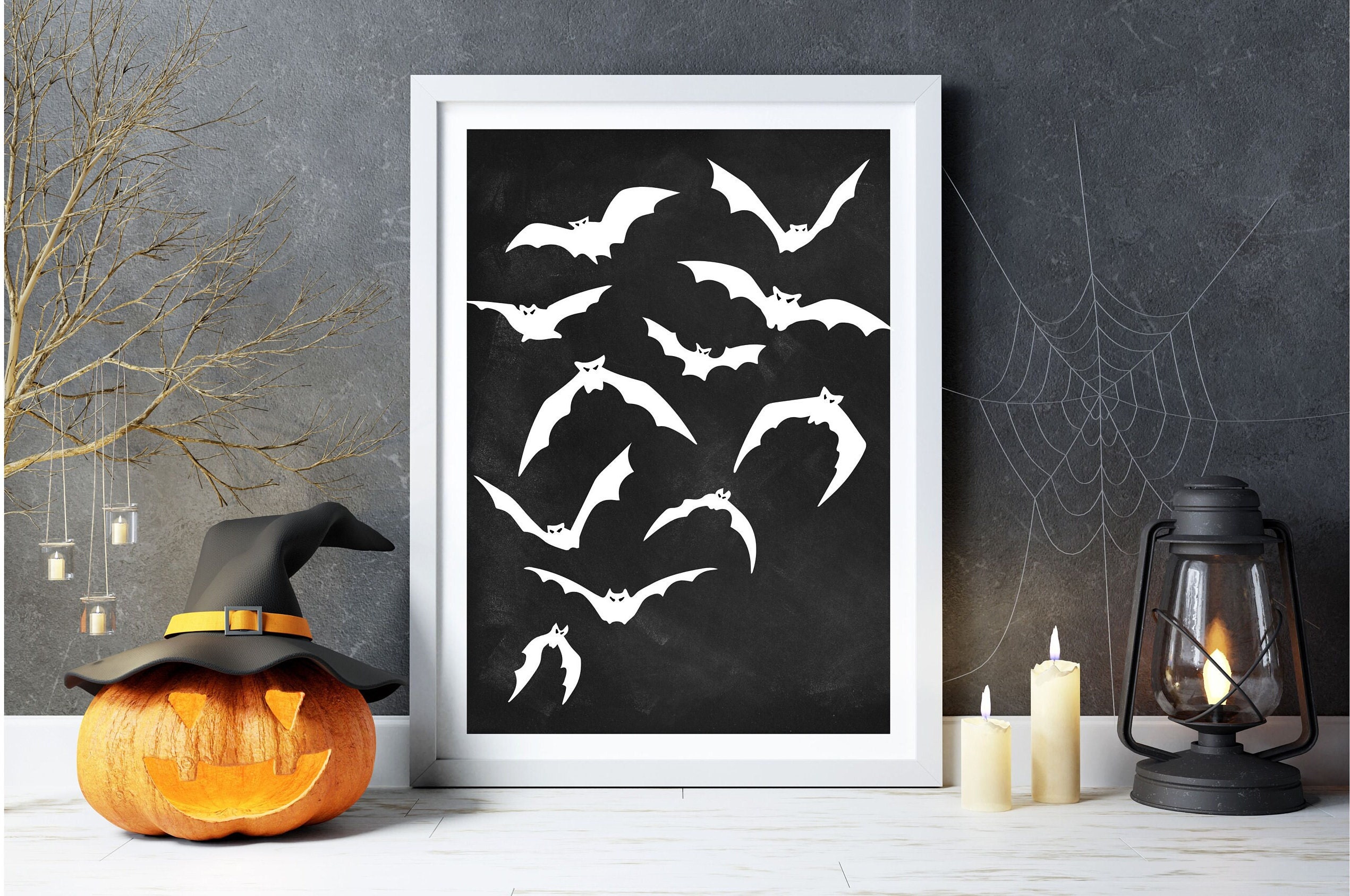 Halloween Flying Bats Chalk Art Print, Spooky Scary Haunted Decor ...