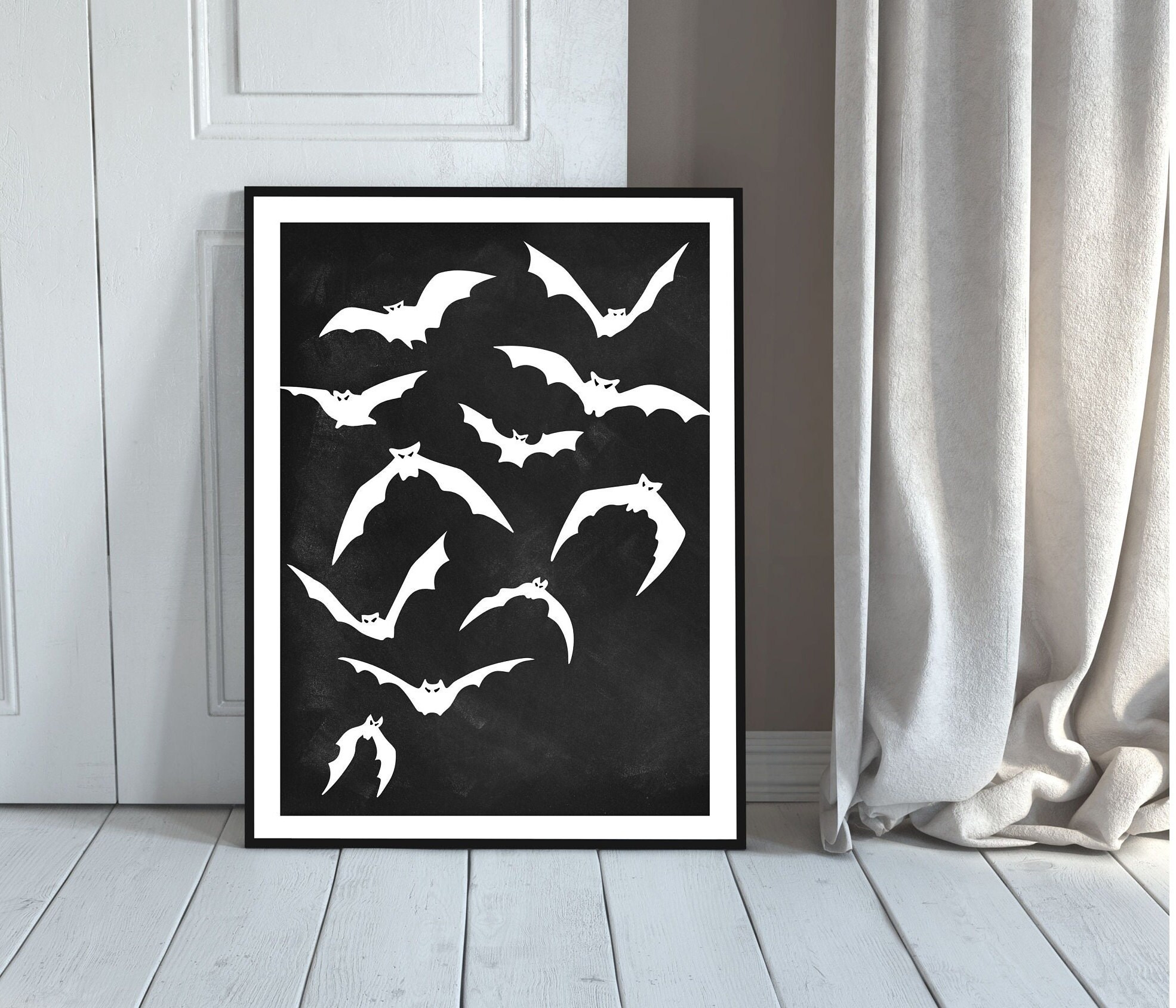 Halloween Flying Bats Chalk Art Print, Spooky Scary Haunted Decor ...