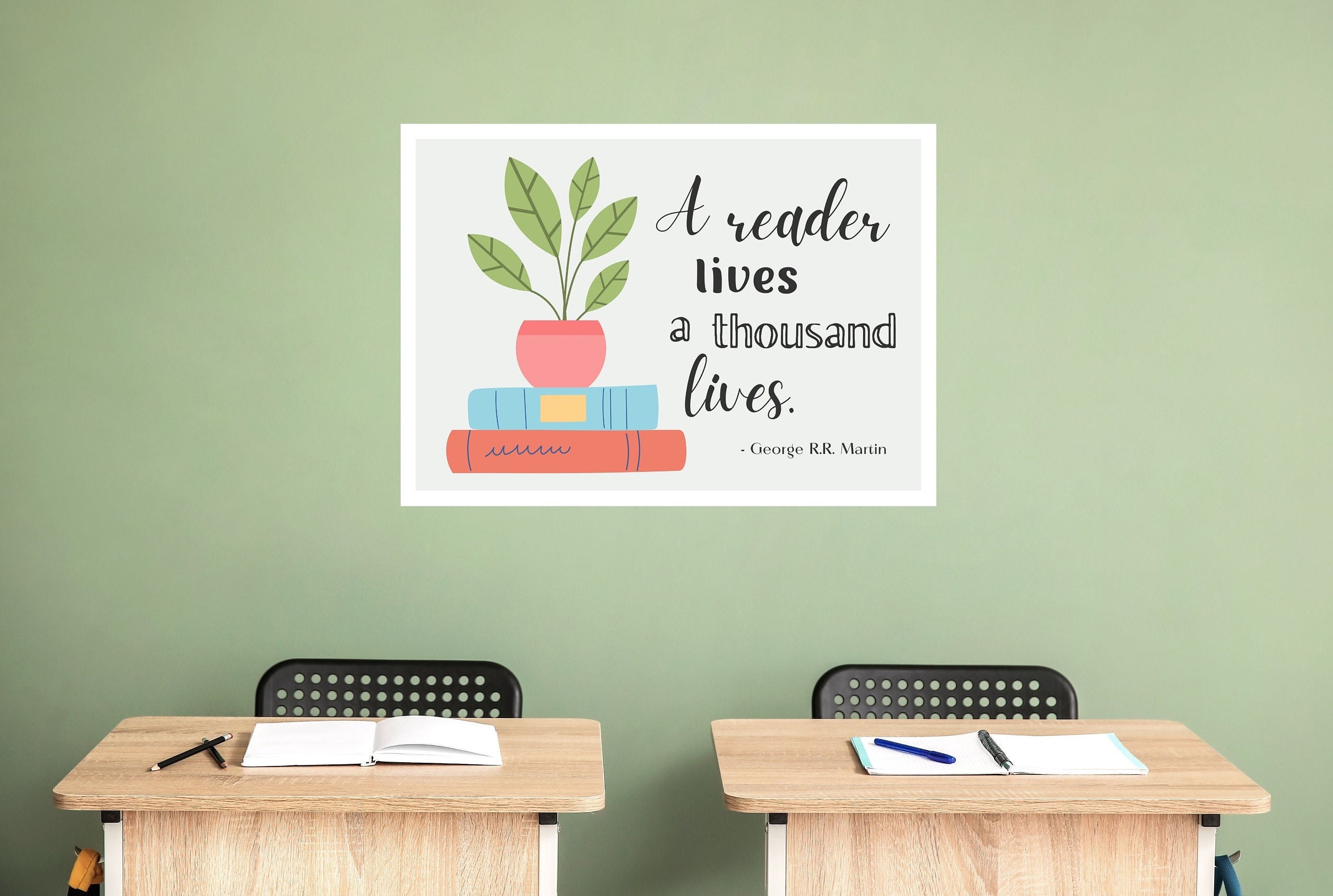 A Reader Lives A Thousand Lives Quote Poster, Boho Classroom Plant ...